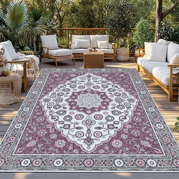 Boho Flower Indoor Outdoor Rugs 5x7 Ft, Pink Purple Bohemia Geometric ...