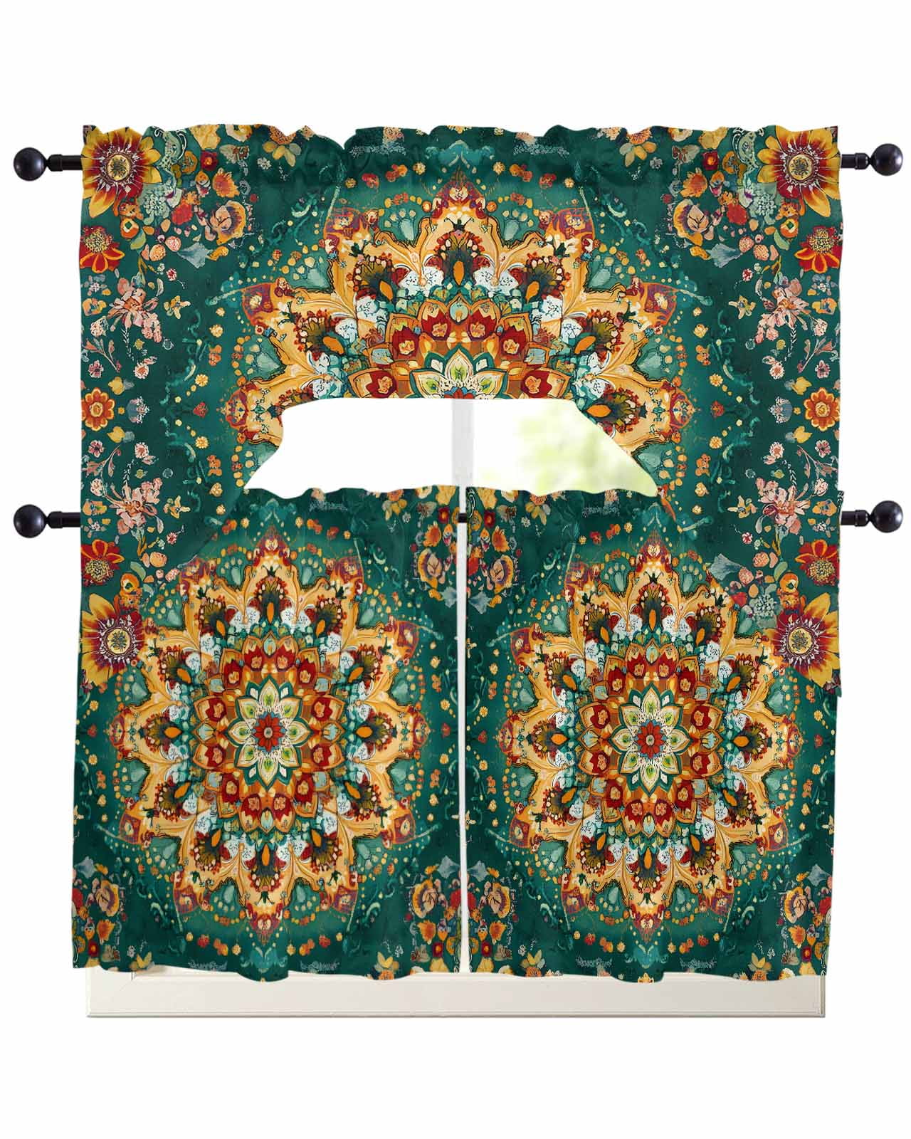 Boho Flower Kitchen Curtains Swag Valance and Tier Curtains Set 24 Inch Length, Yellow Green ...