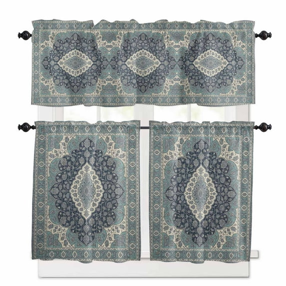 Boho Flower Kitchen Curtains Valance and Tier Set Teal Blue Green ...