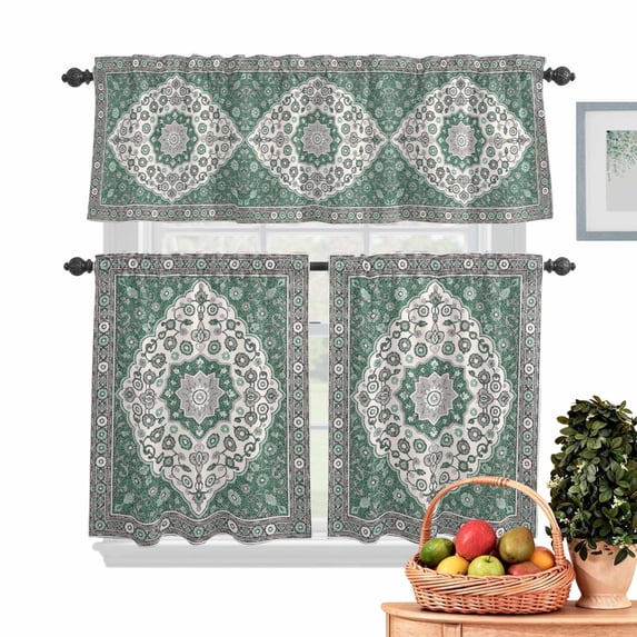 Boho Flower Kitchen Curtains Valances 3 Piece Set, Green Gray Bohemia ...
