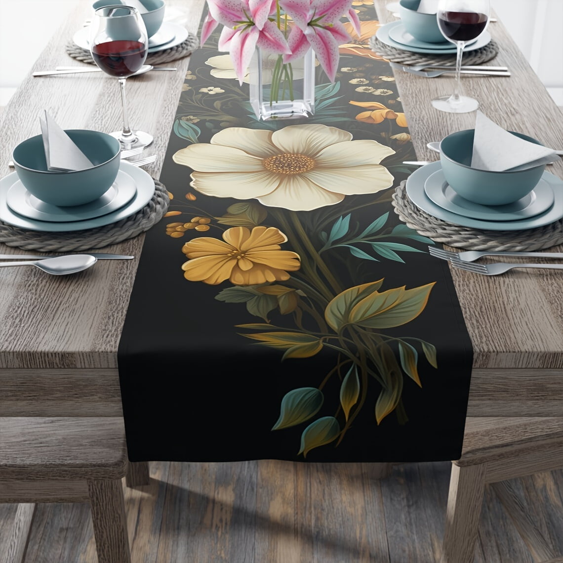 Boho Flower Linen Table Runners Colorful Floral Printed Dresser Scarf ...