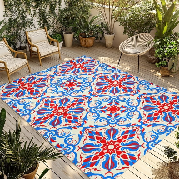 Boho Flower Outdoor Rug, Blue Red Floral Abstract Lines Non-Slip Area ...