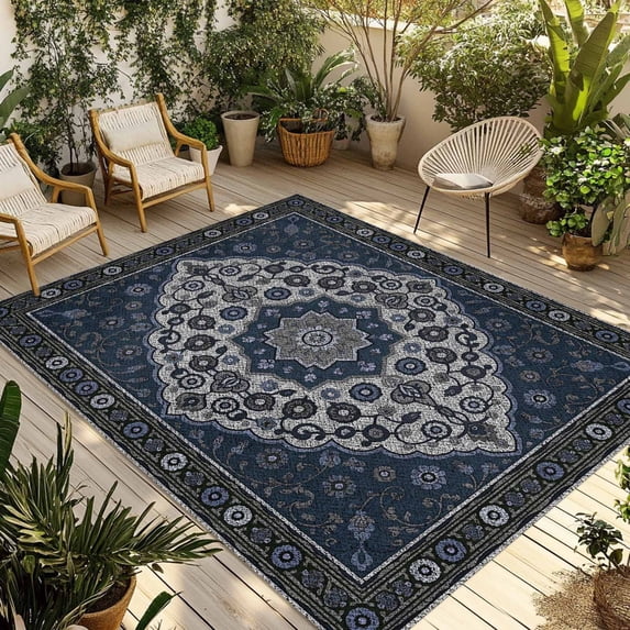 Boho Flower Outdoor Rug, Navy Blue Bohemia Geometric Tribal Ethnic Non ...