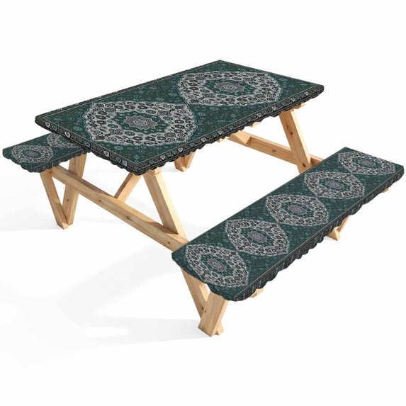 Boho Flower Picnic Table Cover with Bench Covers Dark Green Bohemia ...