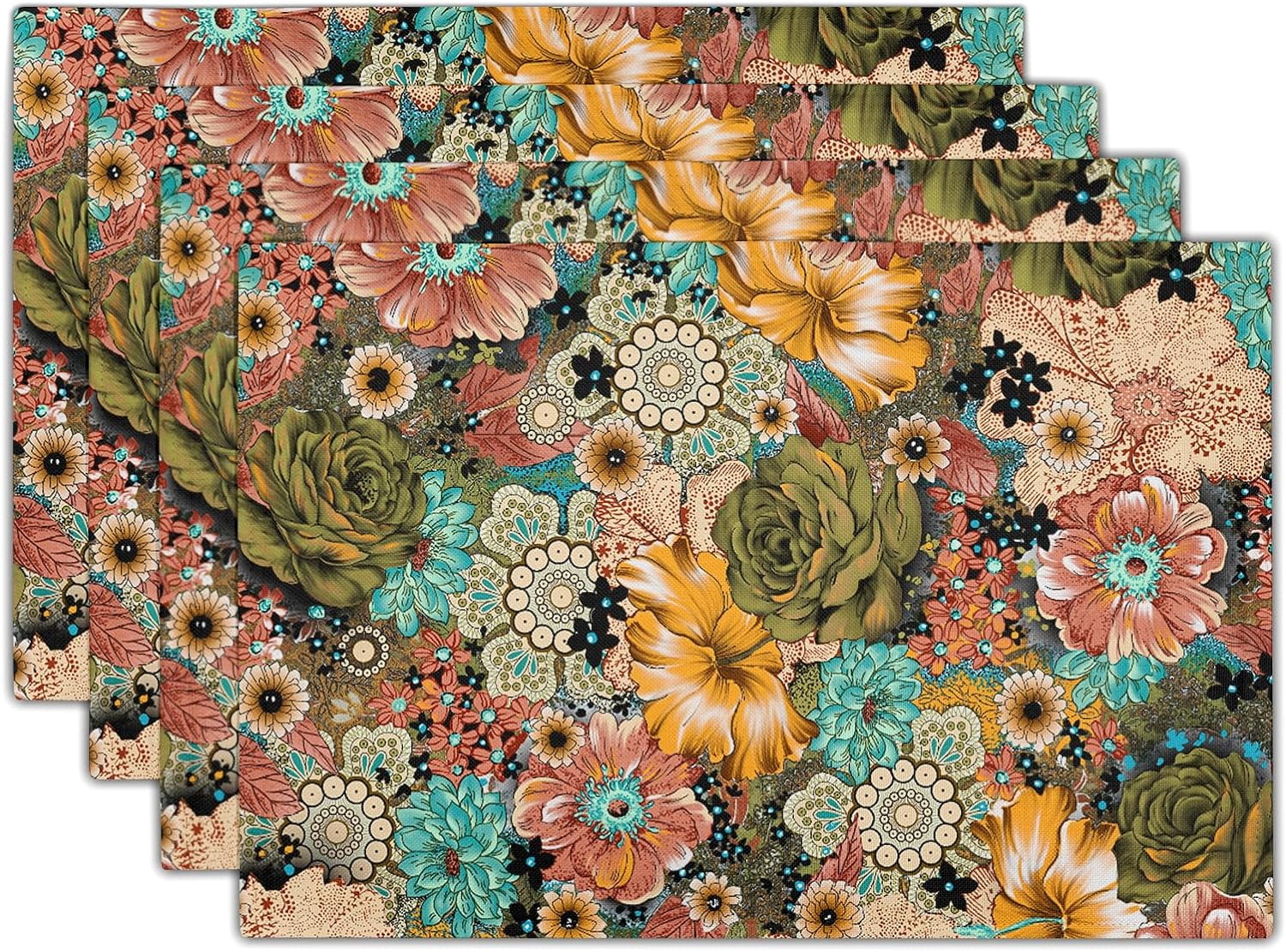 Boho Flower Placemats, Colorful Bohemian Floral Place Mat Set of 4 ...