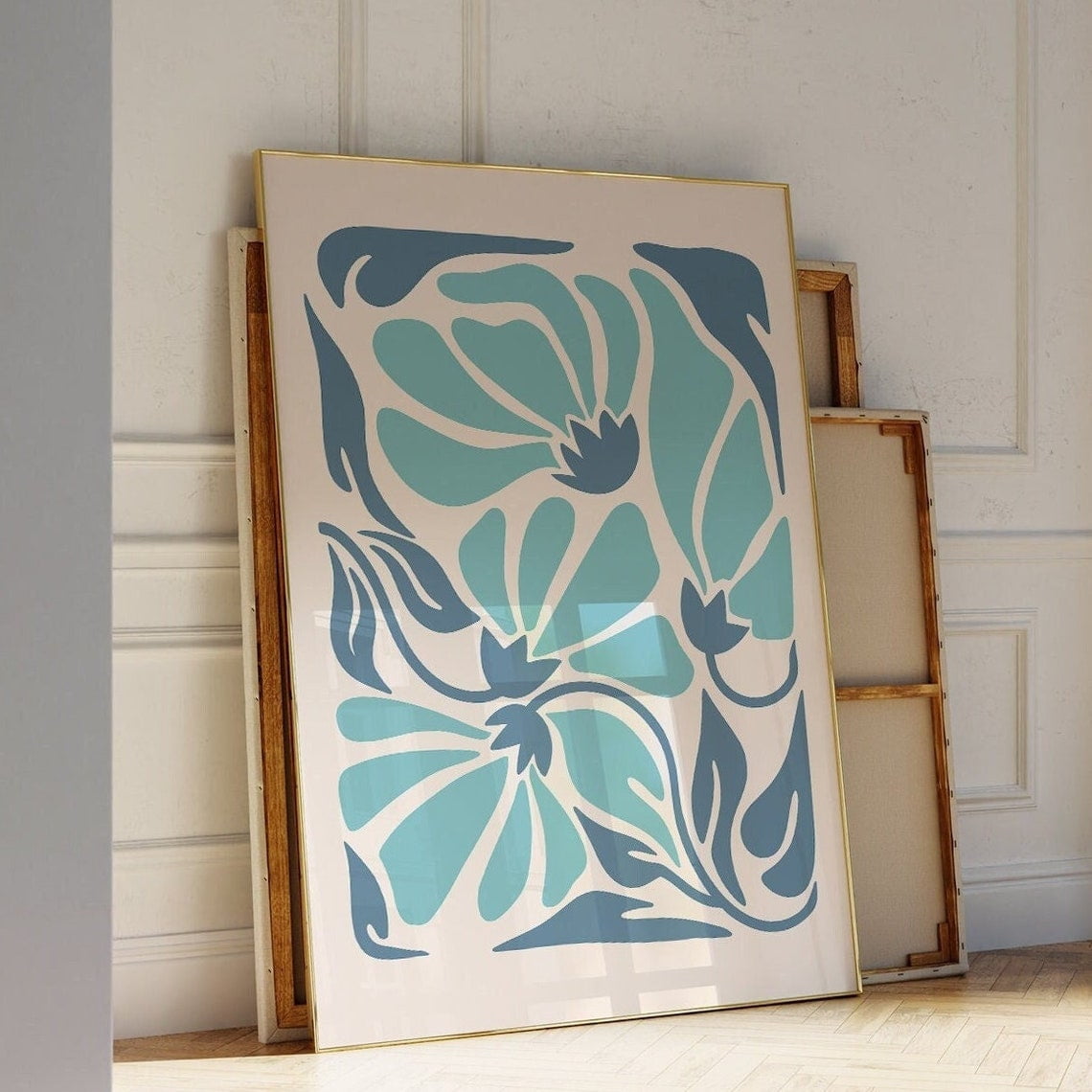 Boho Flower Print, , Abstract Floral Art In Blue, Room Bedroom Wall Art ...