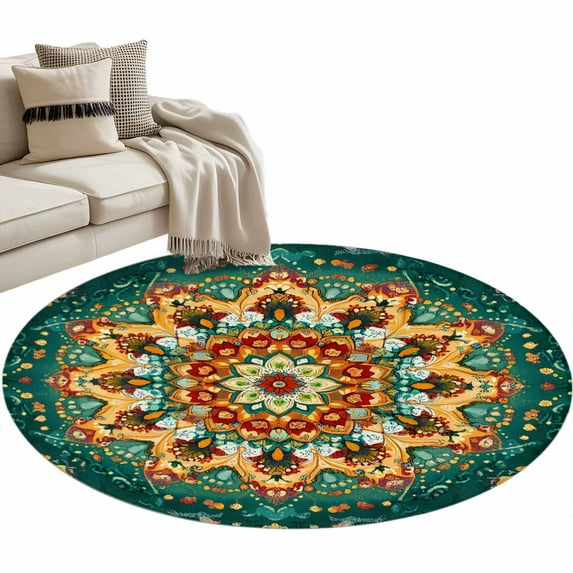 Boho Flower Round Area Rug 4ft, Yellow Green Bohemian Colorful ...