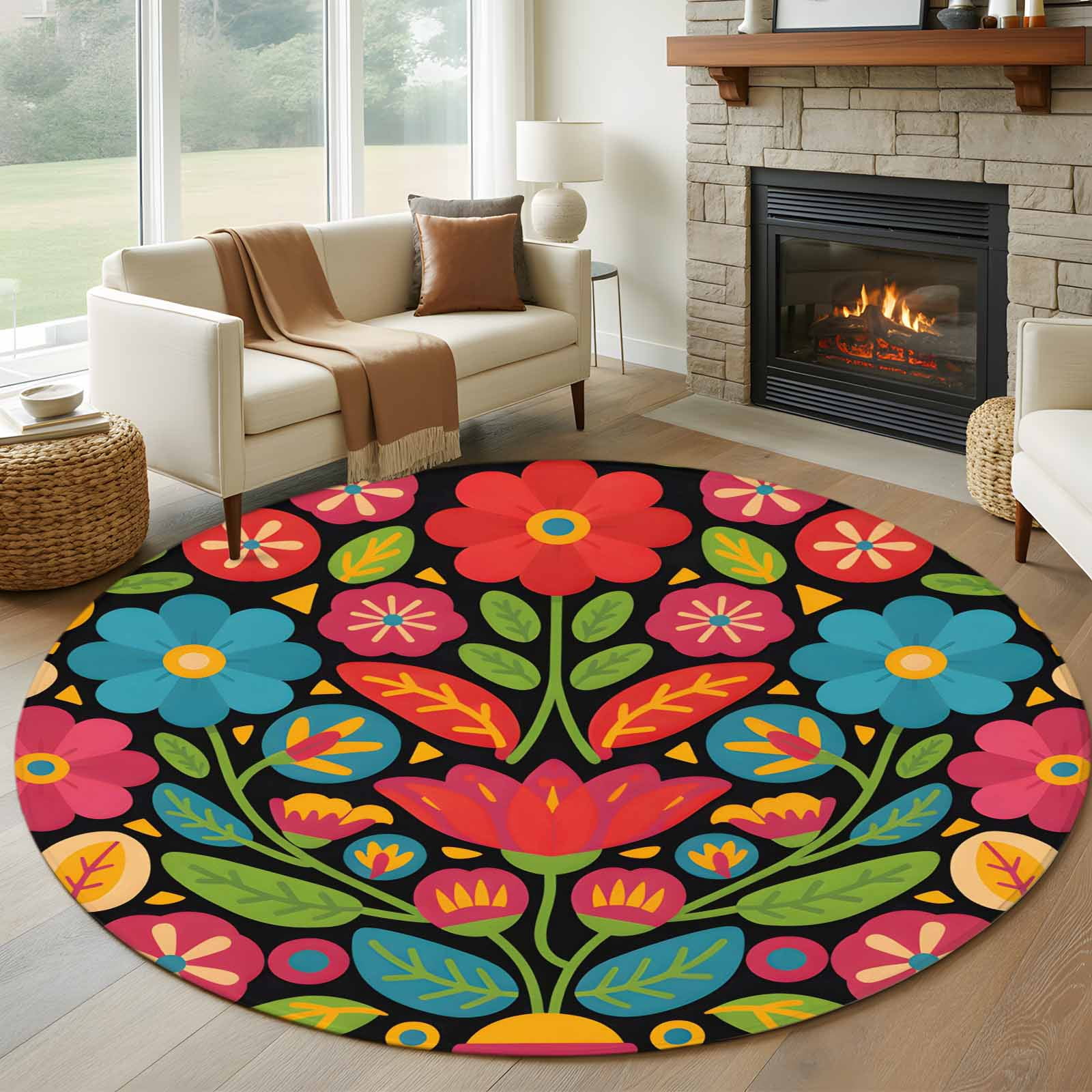 Boho Flower Round Area Rug 5 FT, Non Slip Bedroom Rugs, Red Blue Yellow ...