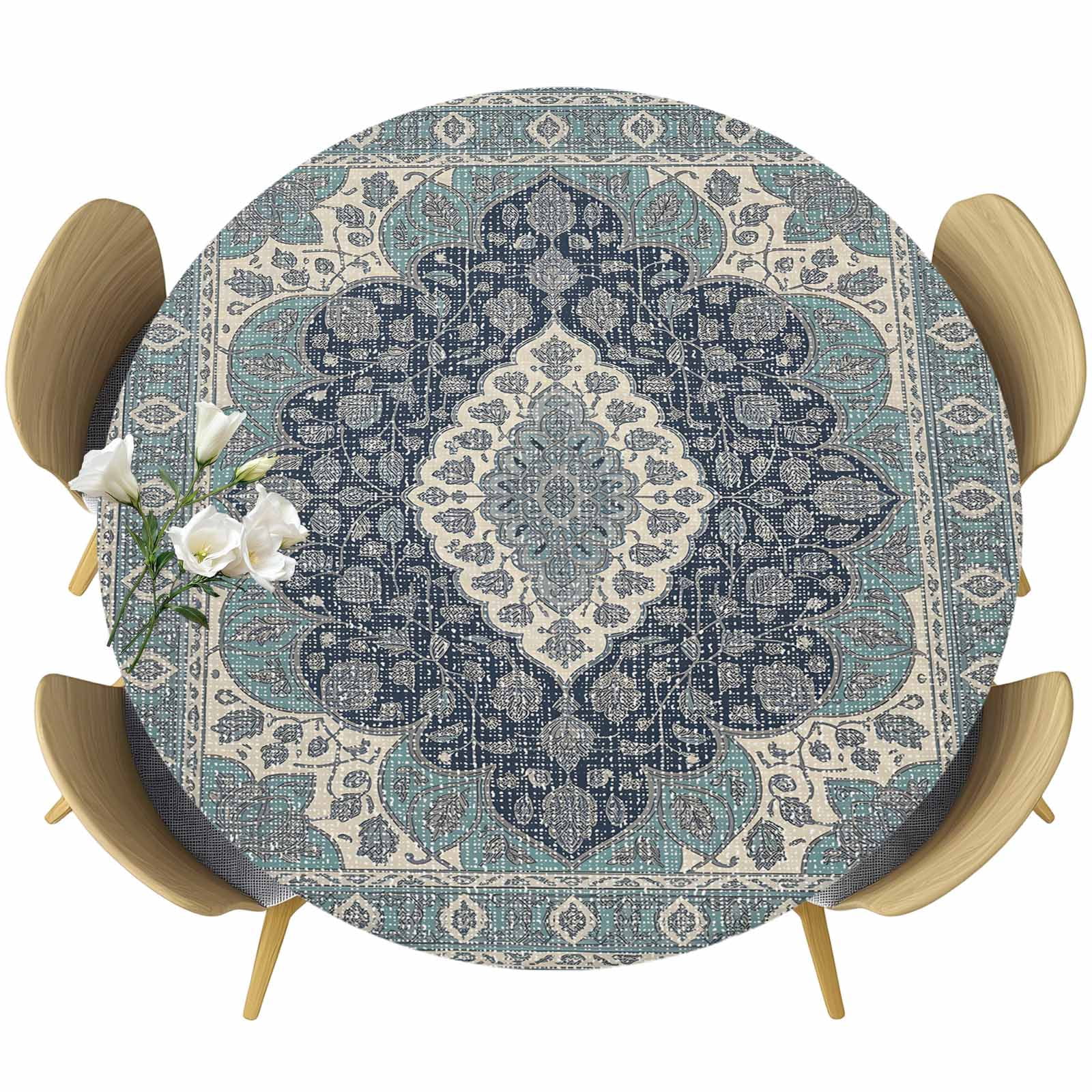 Boho Flower Round Fitted Tablecloth with Elastic Edge, Teal Blue Green ...