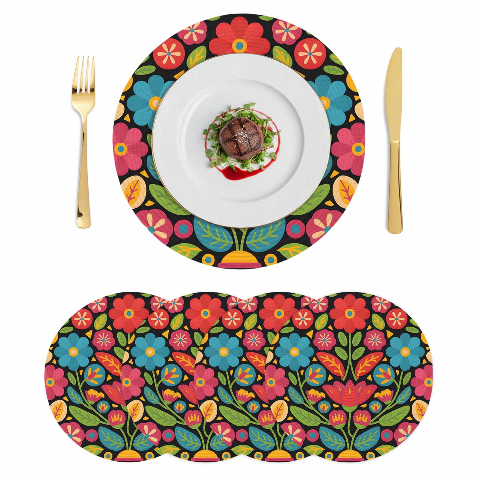 Boho Flower Round Placemats Set of 4 Red Blue Yellow Colorful Mexico ...