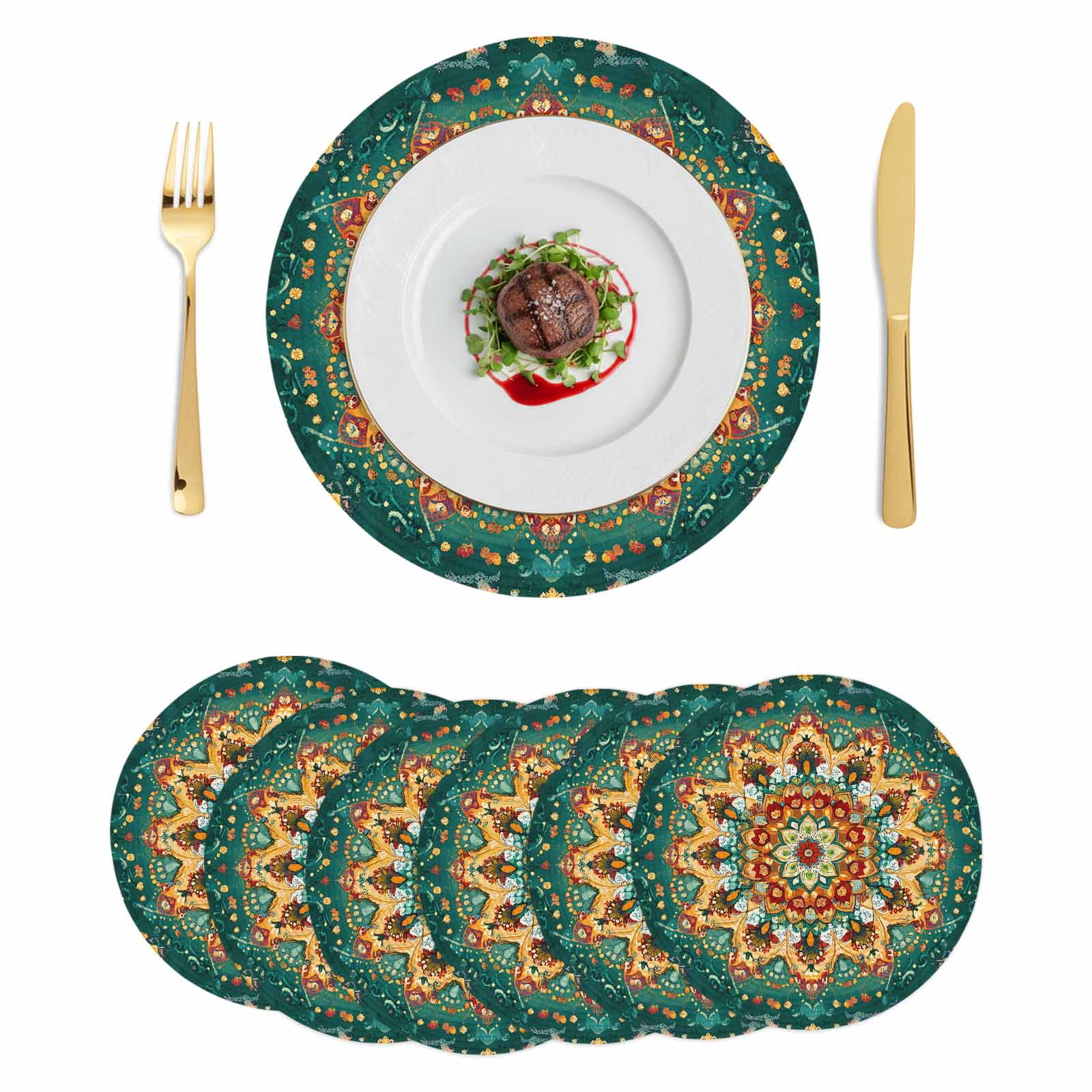 Boho Flower Round Placemats Set of 6 Yellow Green Bohemian Colorful ...