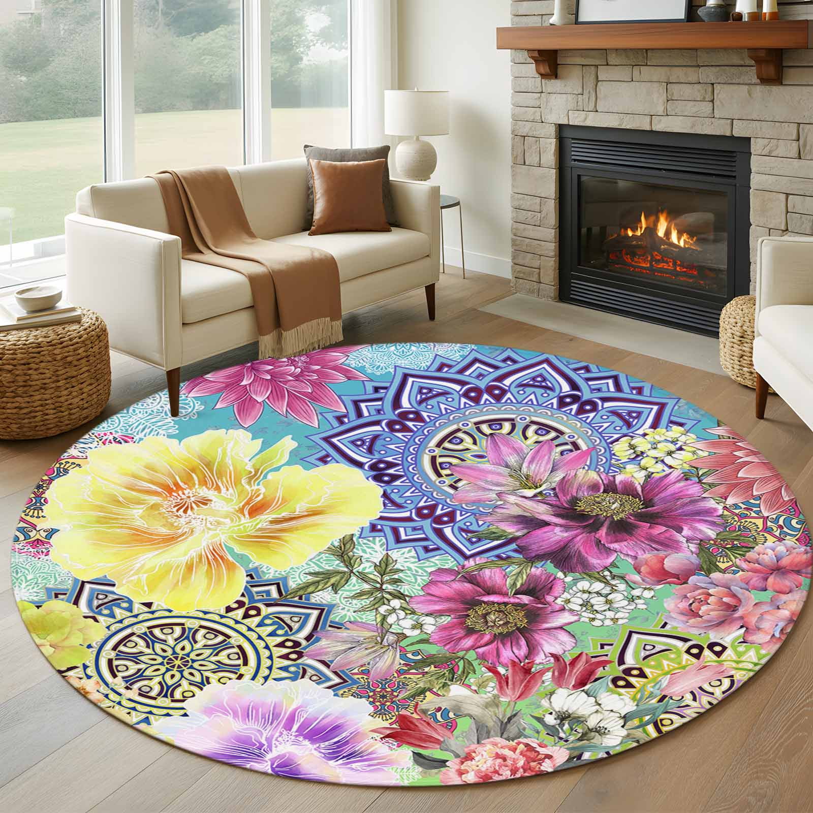 Boho Flower Round Rugs for Living Room 5ft National Style Peony Orchids ...