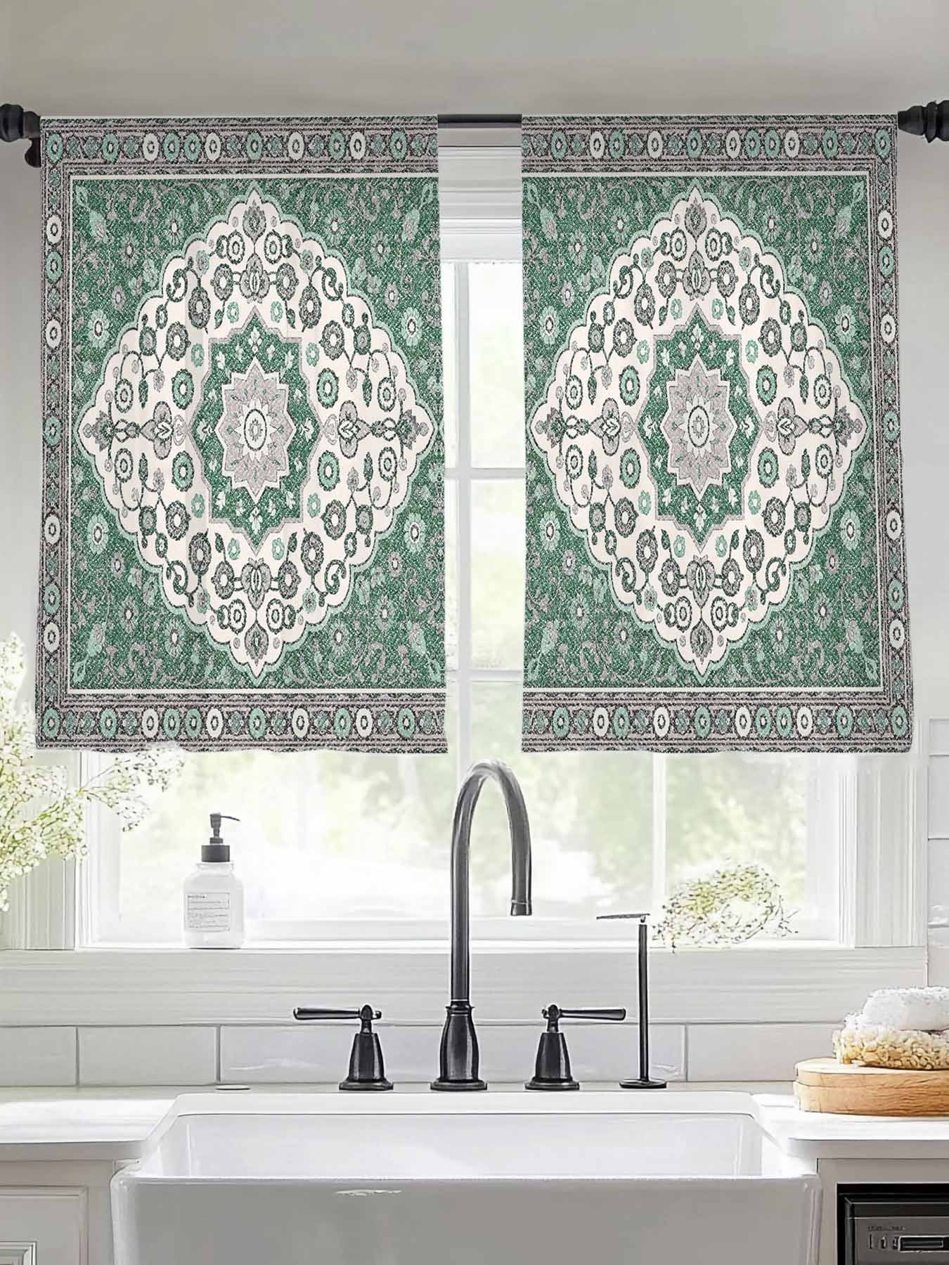 Boho Flower Sheer Curtains 45 Inches Long 2 Panels Green Gray Bohemia ...