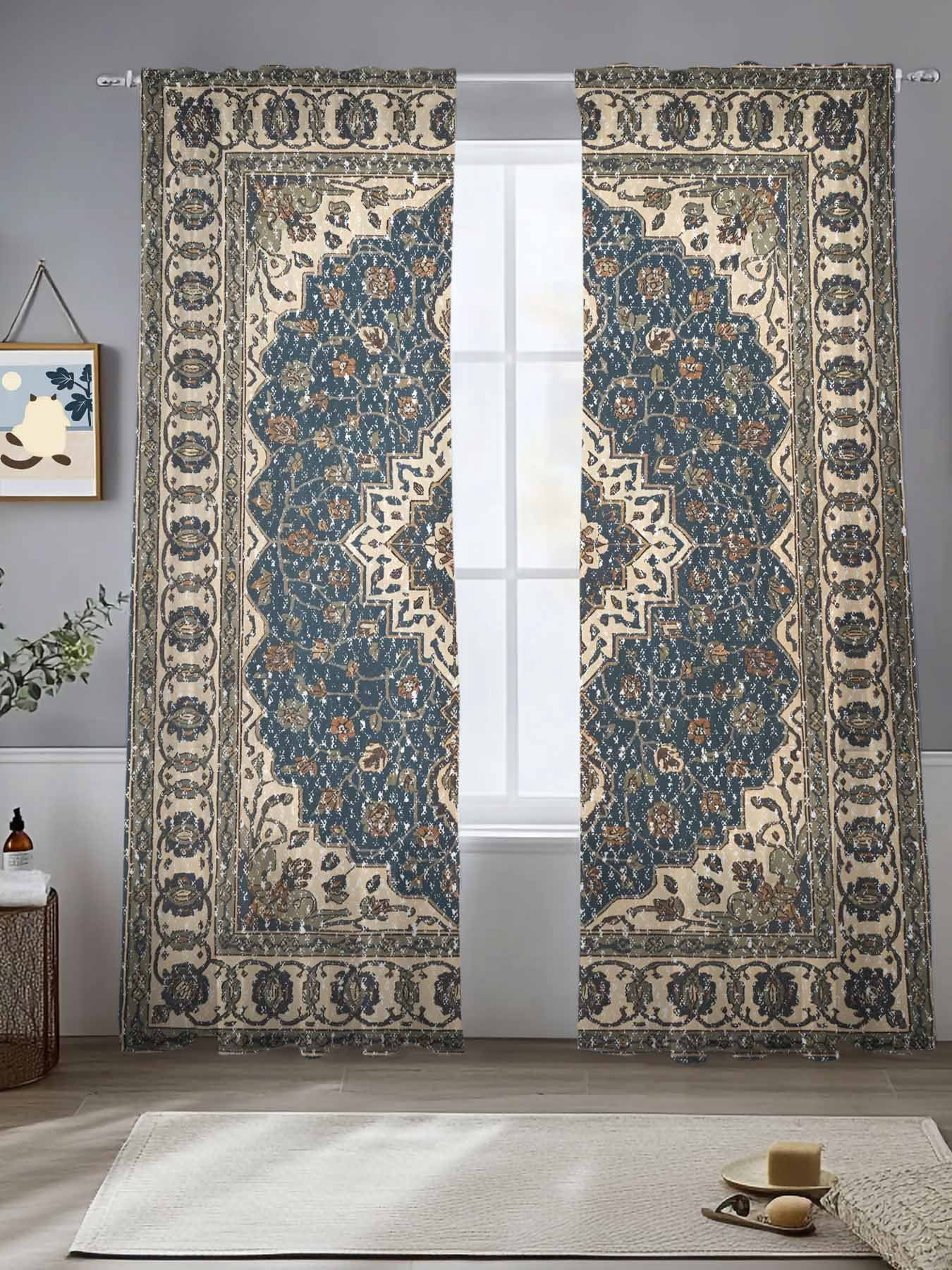 Boho Flower Sheer Curtains 84 Inches Long 2 Panels Khaki Blue Bohemia ...