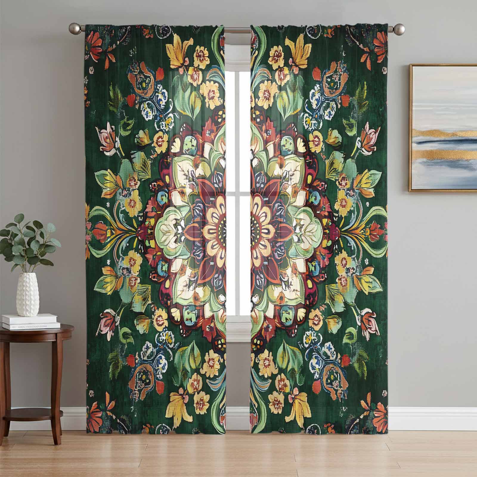 Boho Flower Sheer Curtains 96 Inch Length 2 Panels Set, Bohemian ...