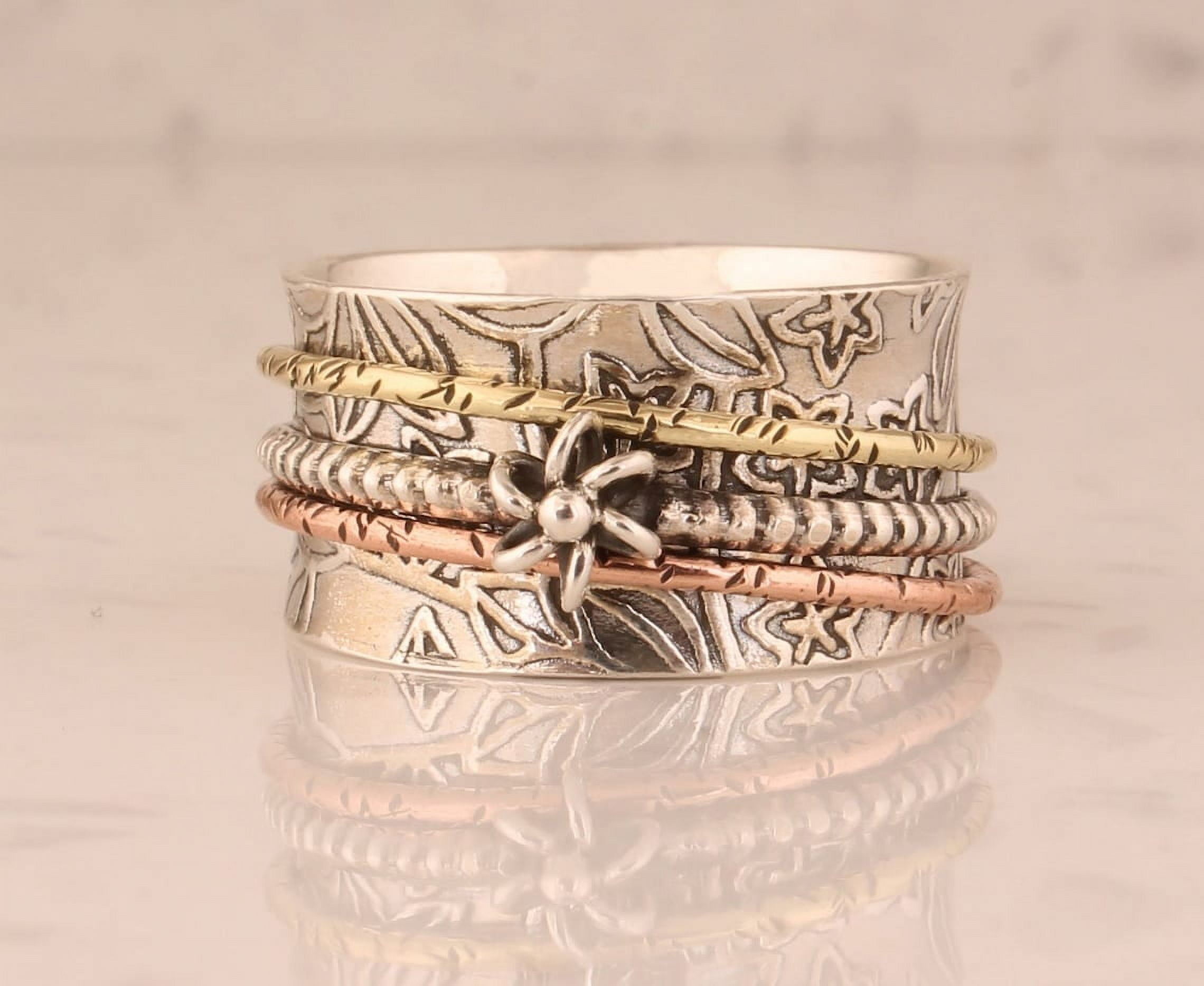 Boho Flower Spinner Ring – Handmade 925 Sterling Silver Three-Tone ...