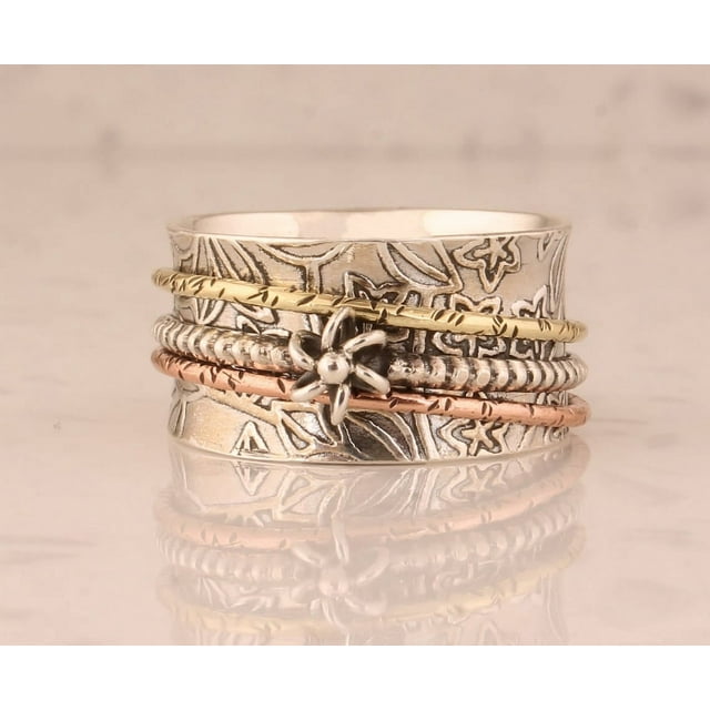 Boho Flower Spinner Ring – Handmade 925 Sterling Silver Three-Tone ...