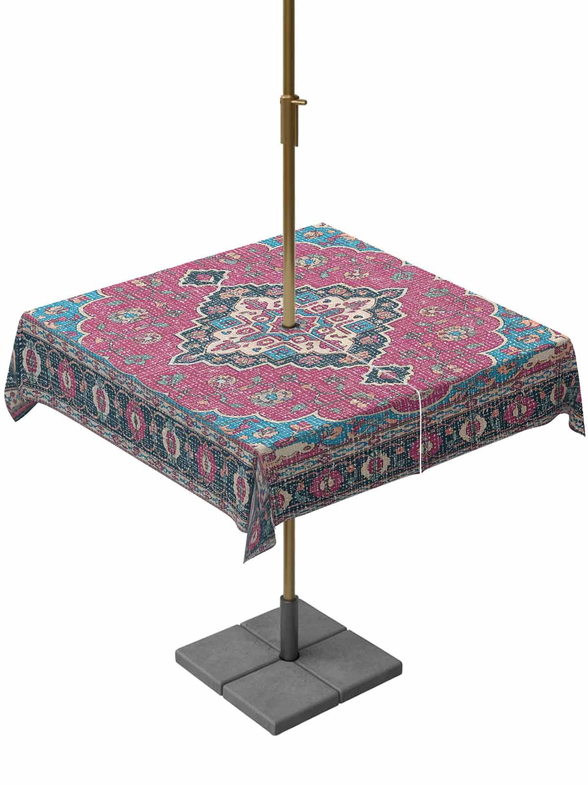 Boho Flower Square Outdoor Tablecloth with Umbrella Hole Blue Pink ...