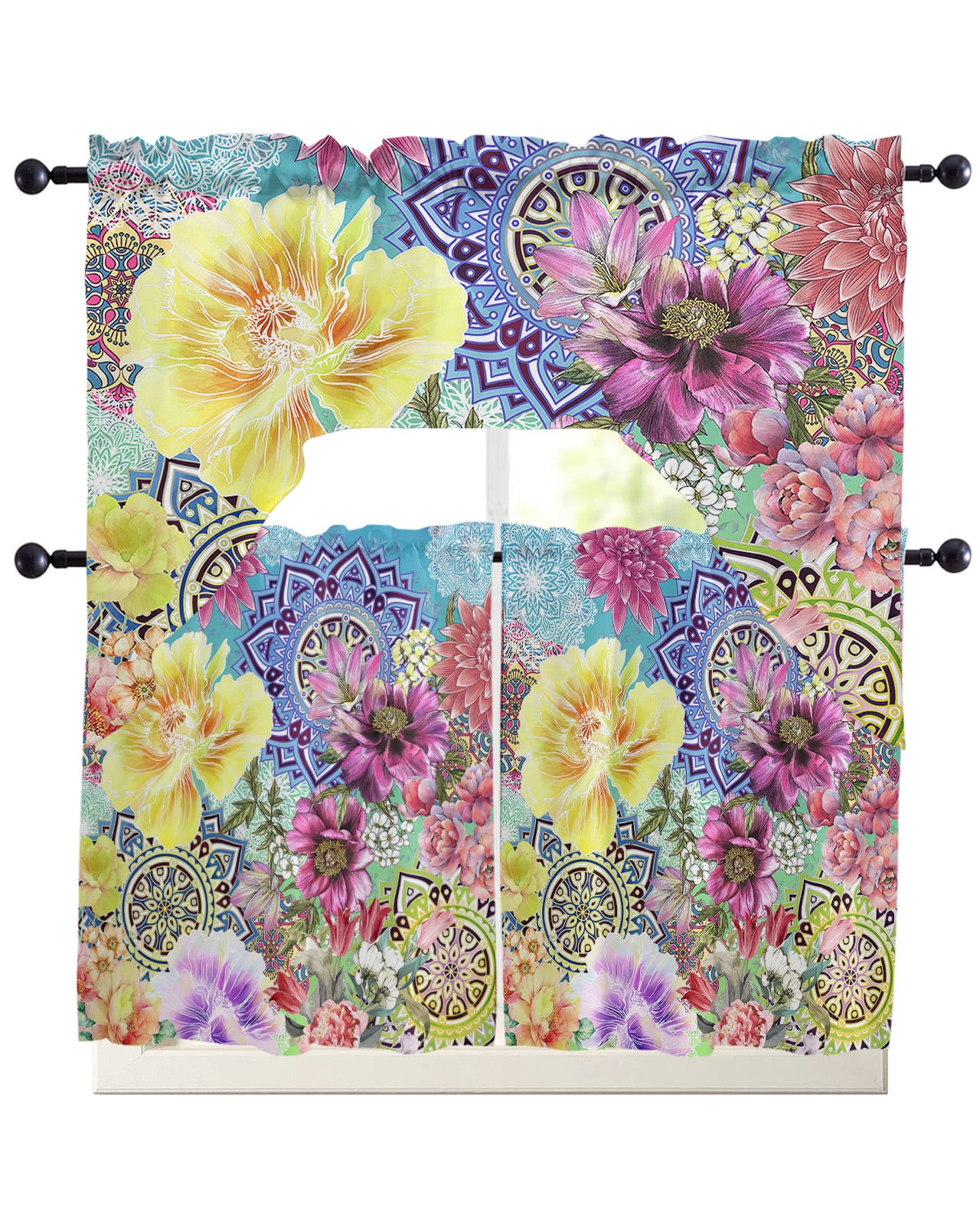 Boho Flower Swag Valance and Tier Curtains Set National Style Peony ...