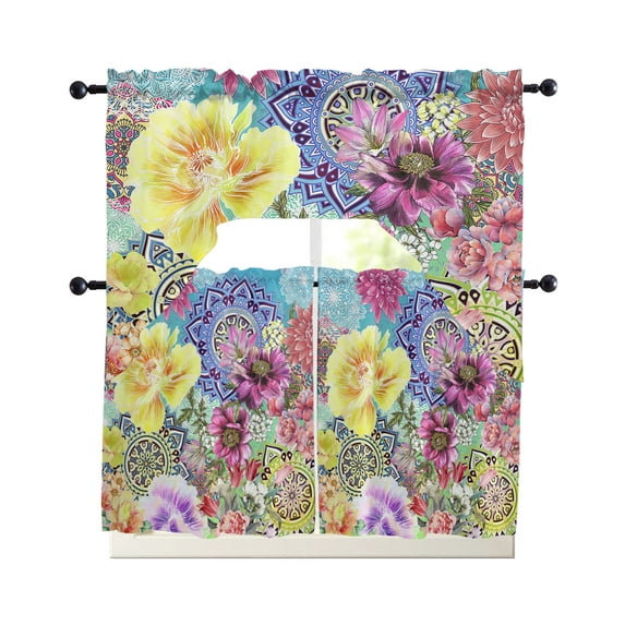 Boho Flower Swag Valance and Tier Curtains Set National Style Peony ...