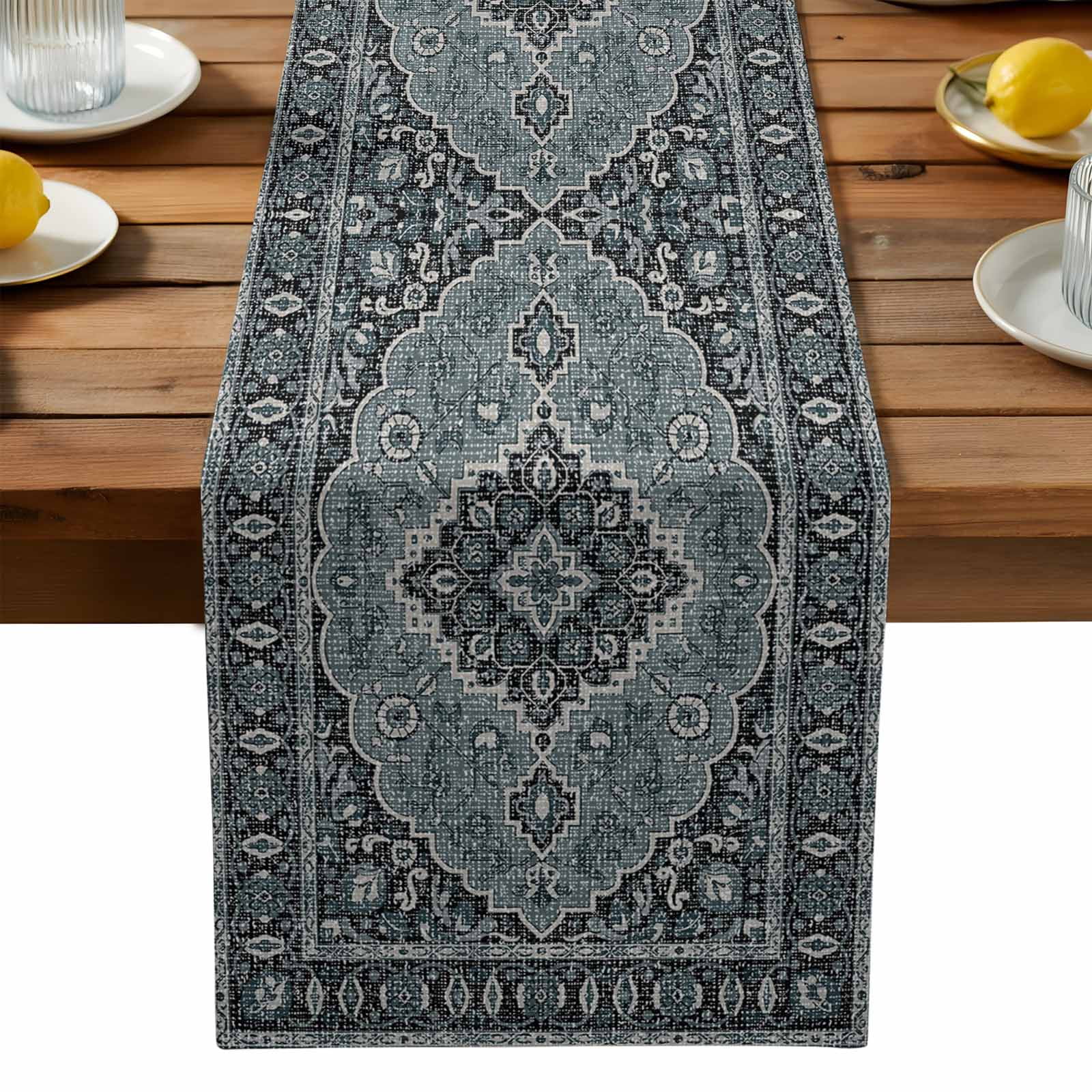 Boho Flower Table Runner, Blue Bohemia Geometric Tribal Ethnic Style ...