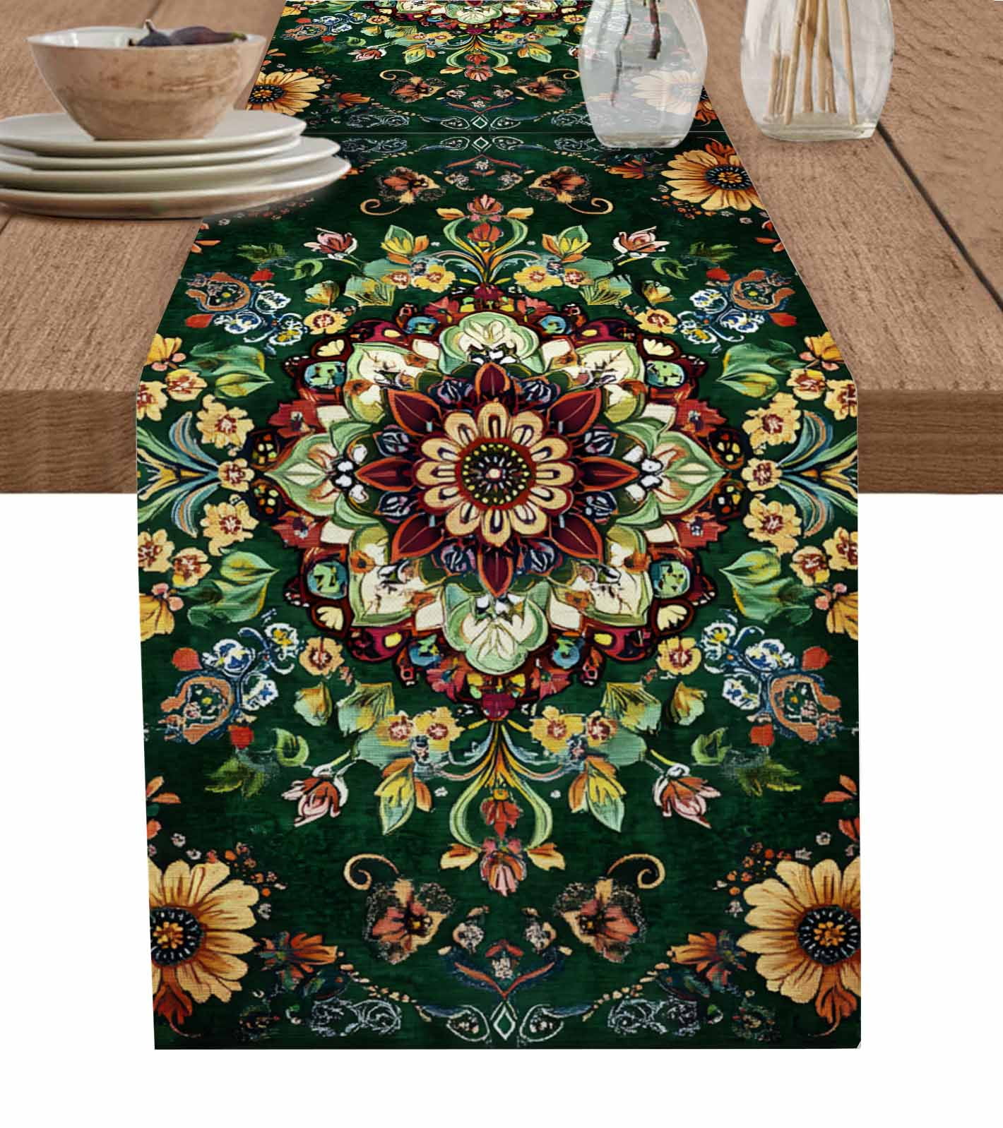 Boho Flower Table Runner Cotton Linen 108 Inch Holiday Dresser Scarves ...