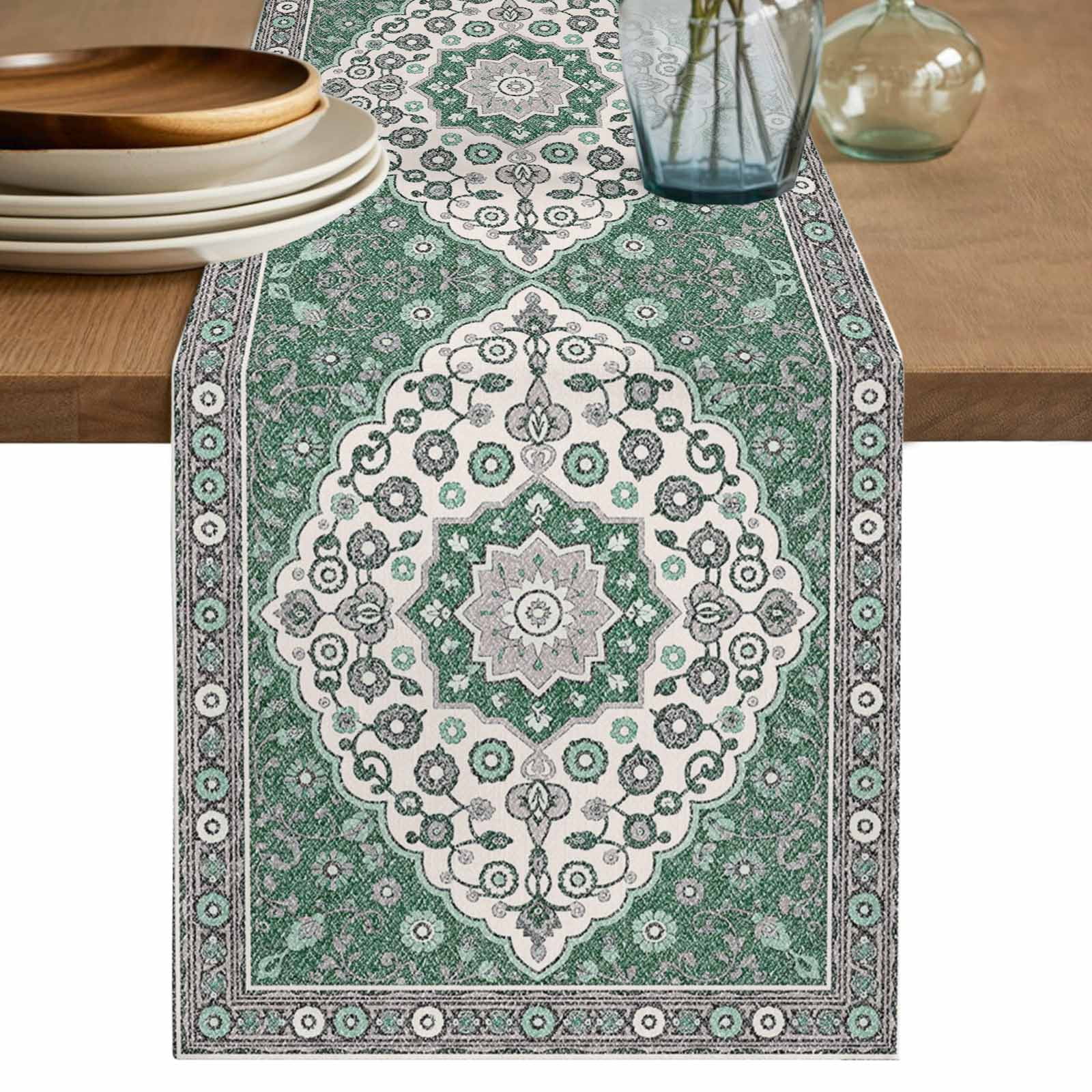 Boho Flower Table Runner, Green Gray Bohemia Geometric Tribal Ethnic ...