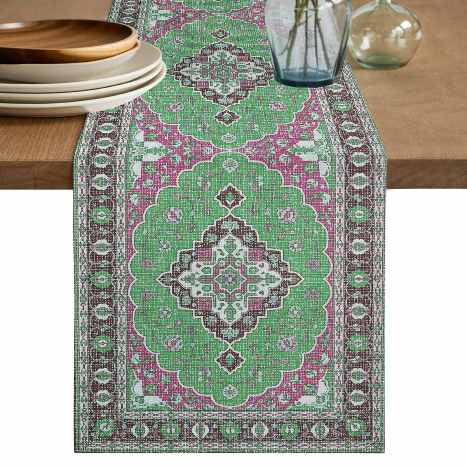 Boho Flower Table Runner, Pink Green Bohemia Geometric Tribal Ethnic ...
