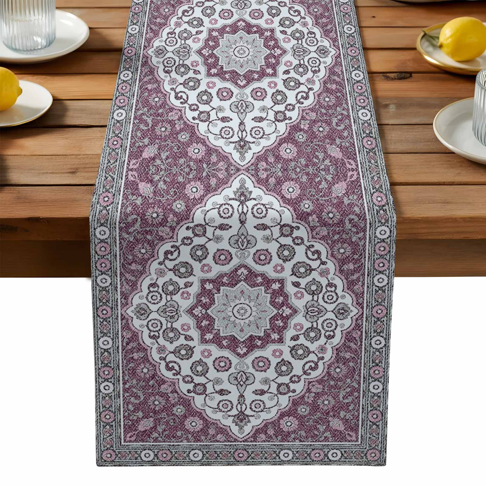 Boho Flower Table Runner, Pink Purple Bohemia Geometric Tribal Ethnic ...
