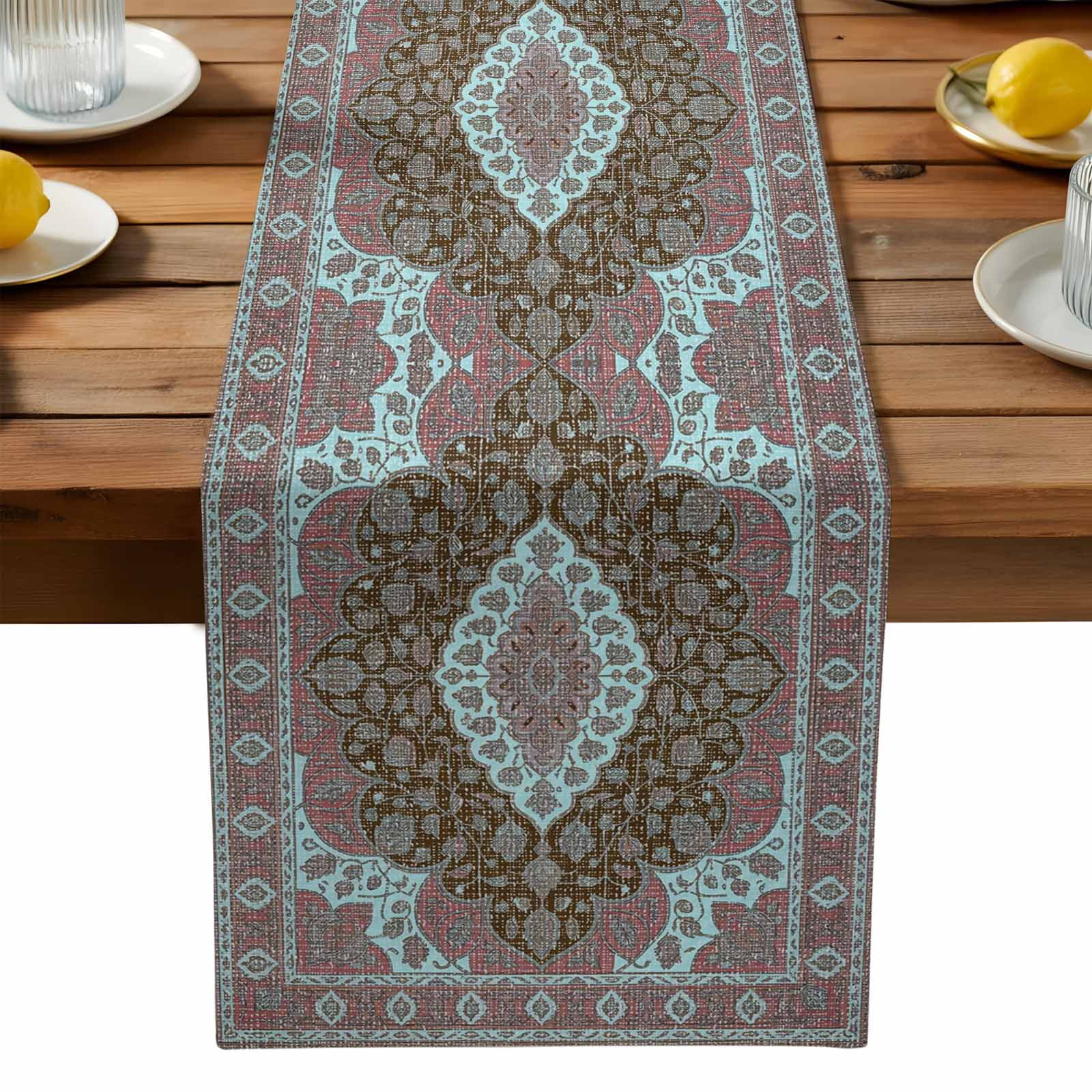 Boho Flower Table Runner, Pink Teal Bohemia Geometric Tribal Ethnic ...