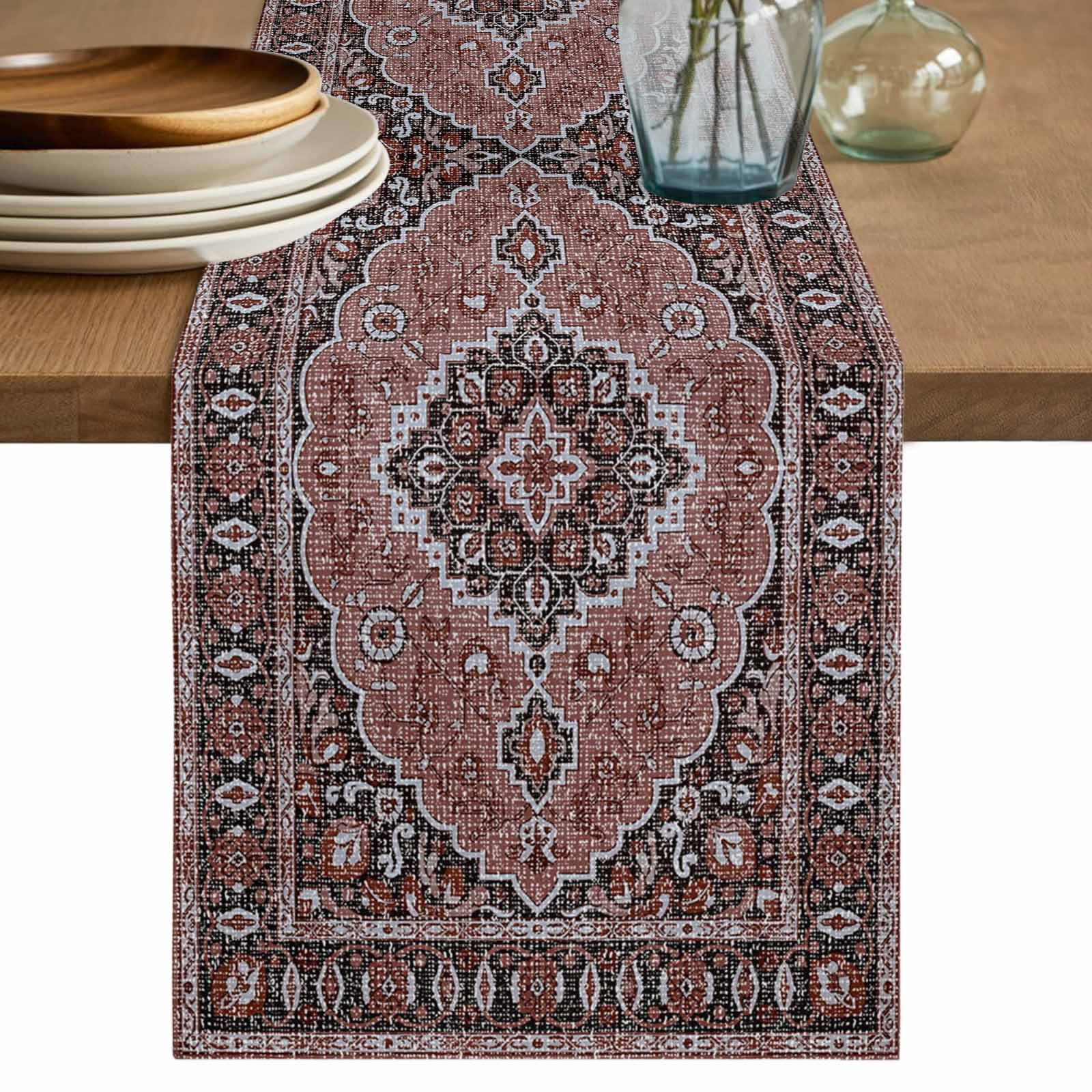 Boho Flower Table Runner, Red Bohemia Geometric Tribal Ethnic Style ...