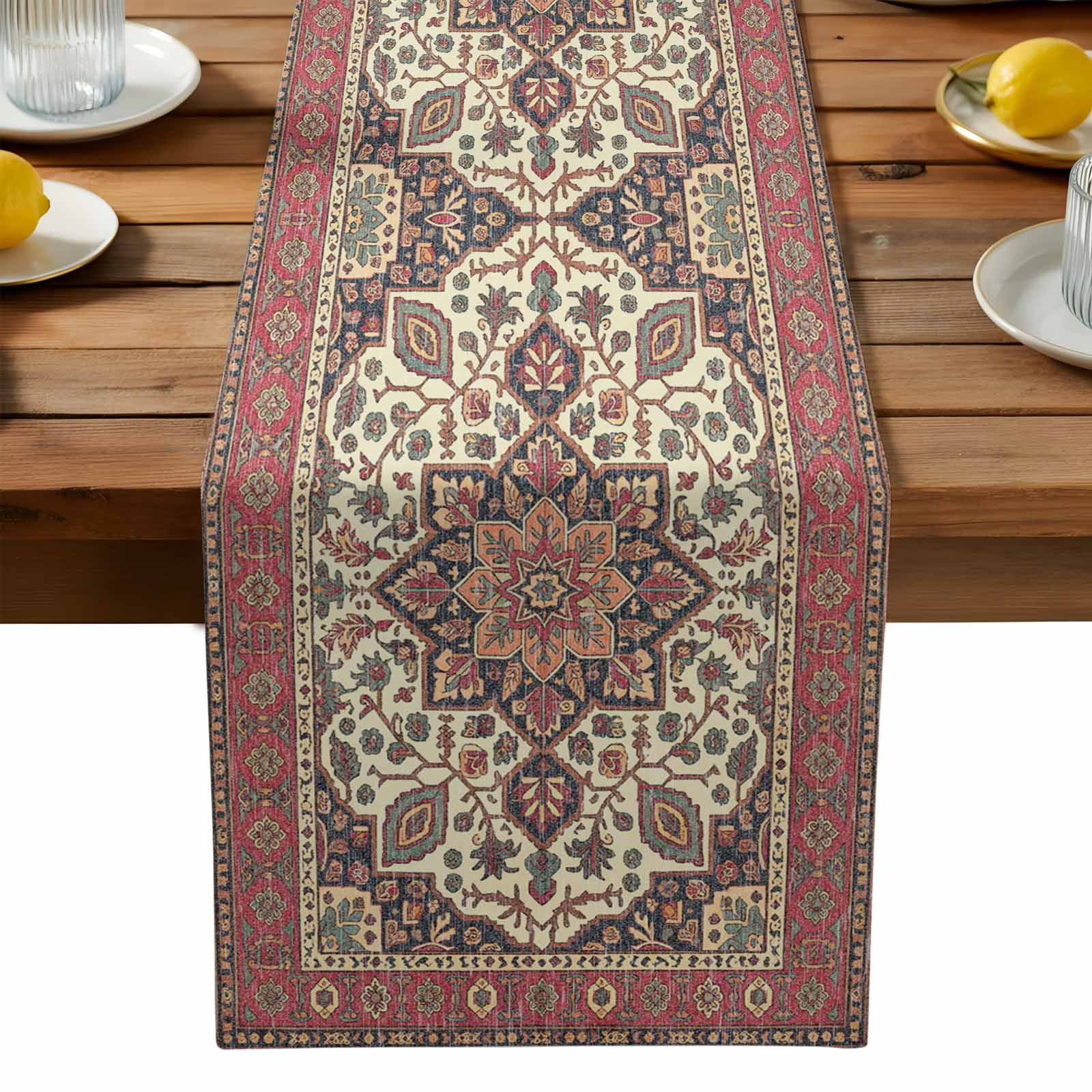 Boho Flower Table Runner, Retro Brown Bohemia Geometric Tribal Ethnic ...