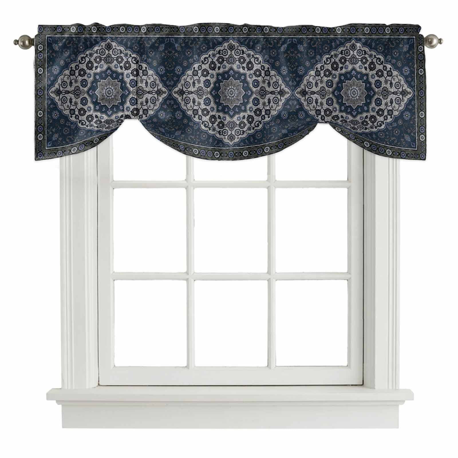 Boho Flower Tie Up Valance Curtains Navy Blue Bohemia Geometric Tribal ...