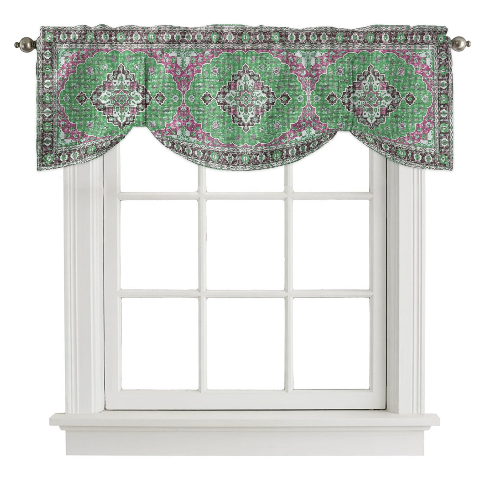 Boho Flower Tie Up Valance Curtains Pink Green Bohemia Geometric Tribal ...