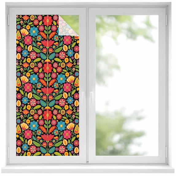 Boho Flower Window Privacy Film, Red Blue Yellow Colorful Mexico Tribal ...