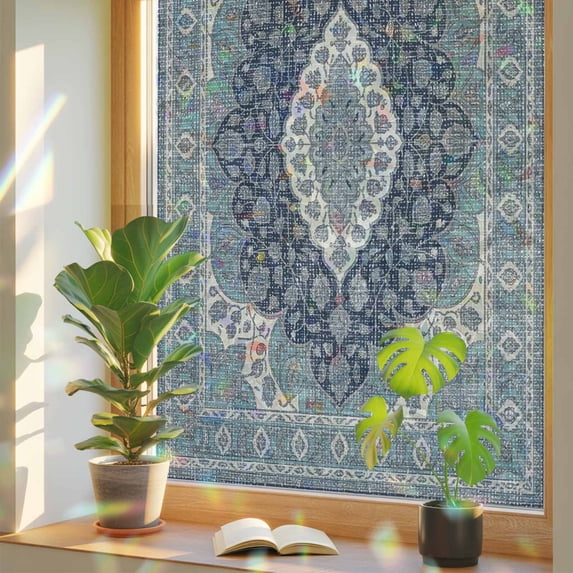 Boho Flower Window Privacy Film, Teal Blue Green Bohemia Geometric ...