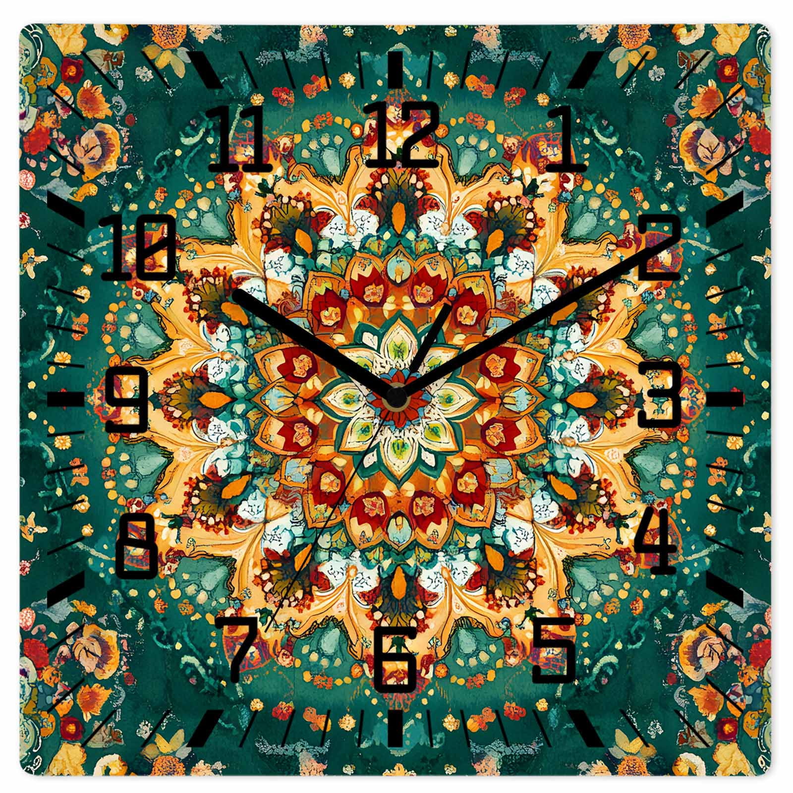 Boho Flower Wooden Wall Clock Silent Non Ticking, Yellow Green Bohemian ...