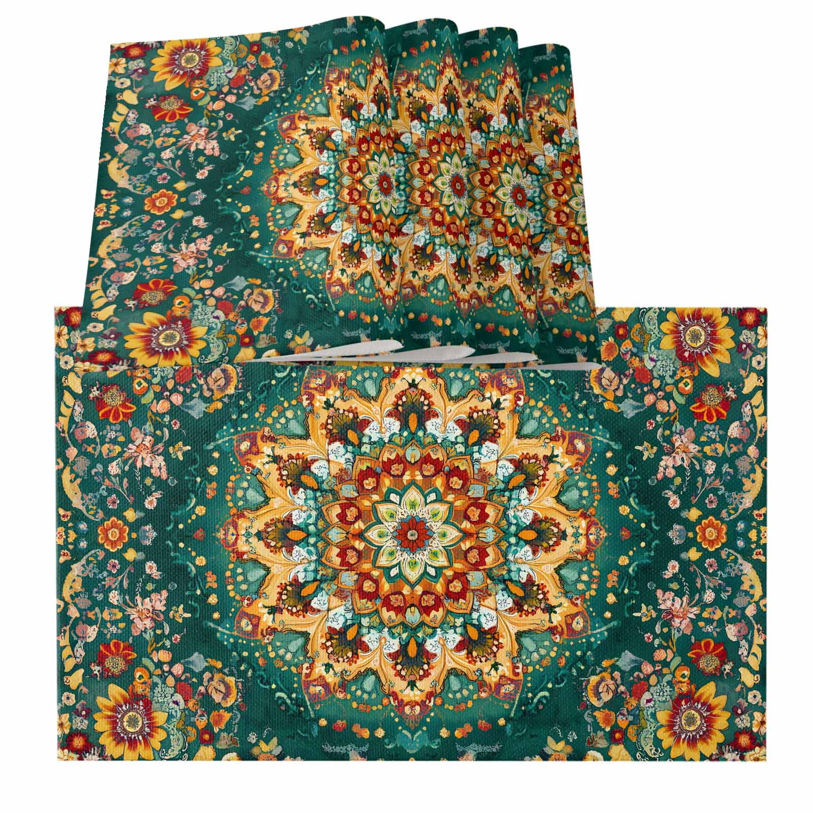 Boho Flower Yellow Green Bohemian Colorful Medallion Burlap Kitchen ...