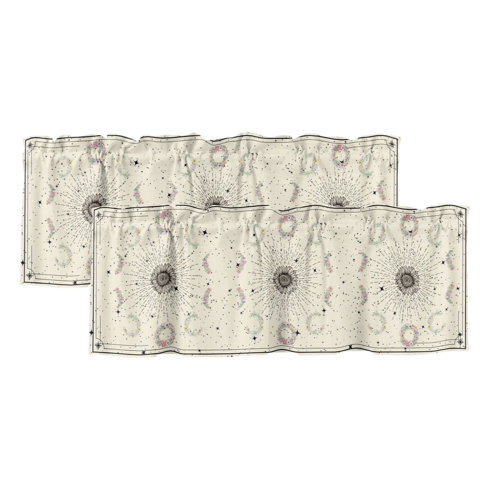 Boho Flowers 2 Panels Kitchen Valance, Bohemian Floral Stars Moon Beige ...