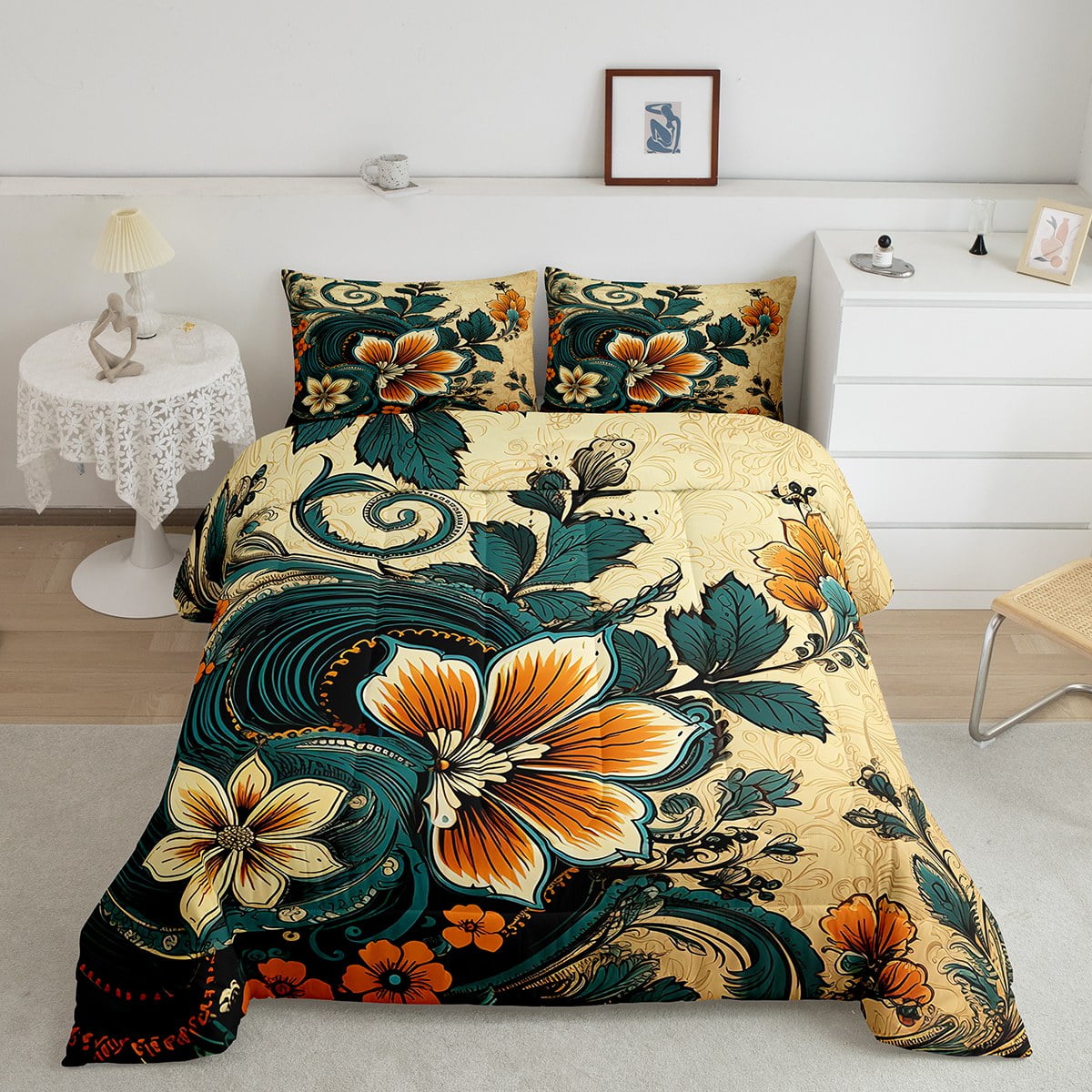Boho Flowers Bedding Comforter Sets, Vintage Colorful Floral Comforter ...