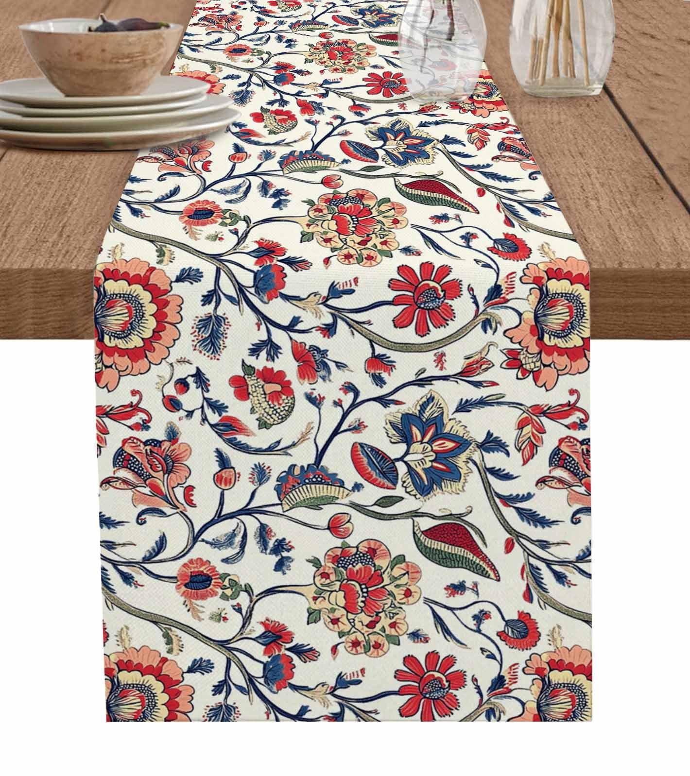Boho Flowers Burlap Cotton Table Runner 13x70 Inches Long, Watercolor ...