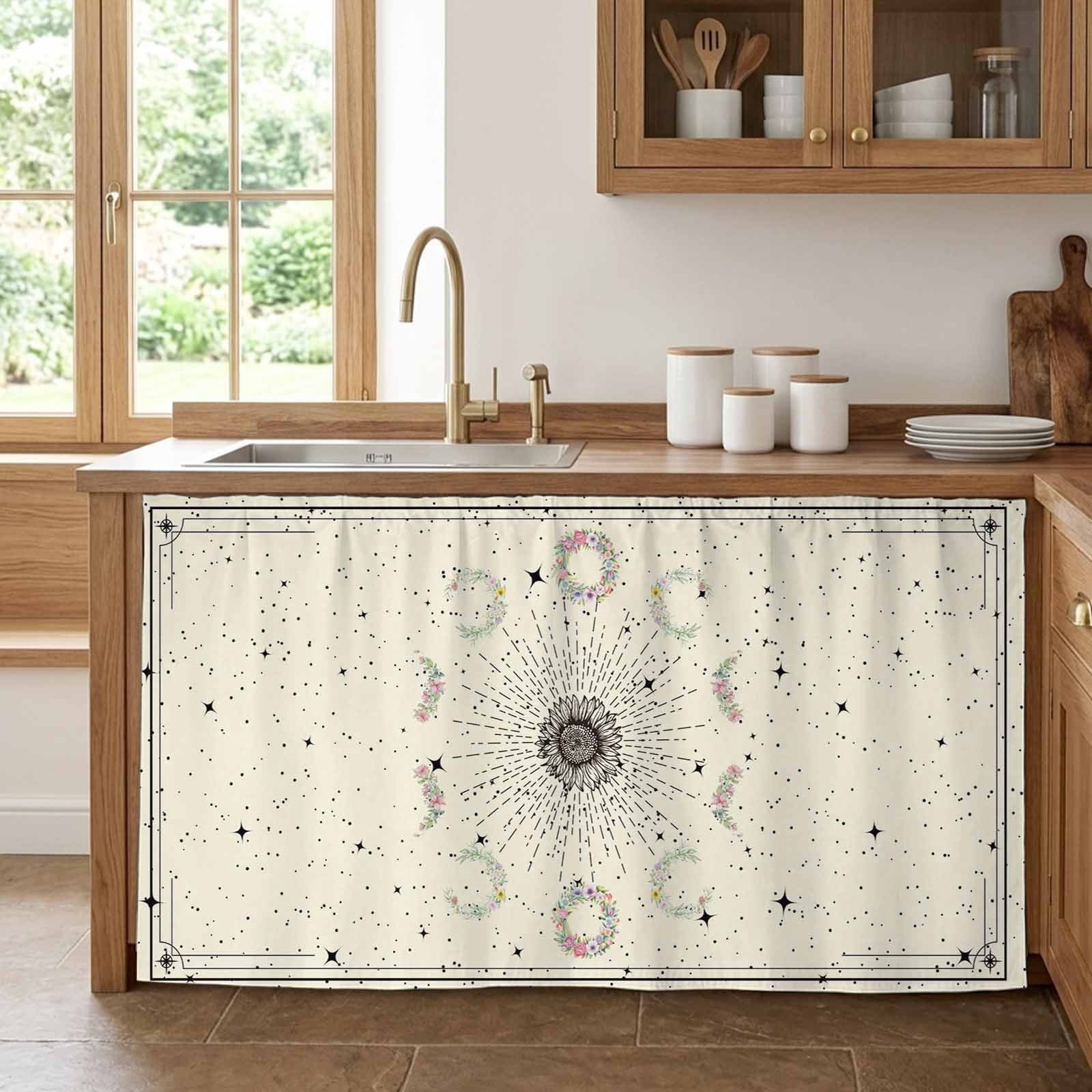 Boho Flowers Cabinet Curtains 28" W x 51" L Bohemian Floral Stars Moon ...