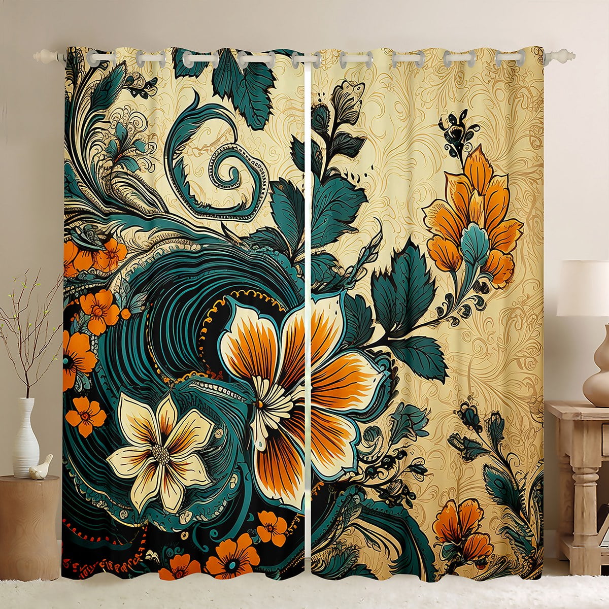 Boho Flowers Curtains & Drapes, Vintage Colorful Floral Curtains ...
