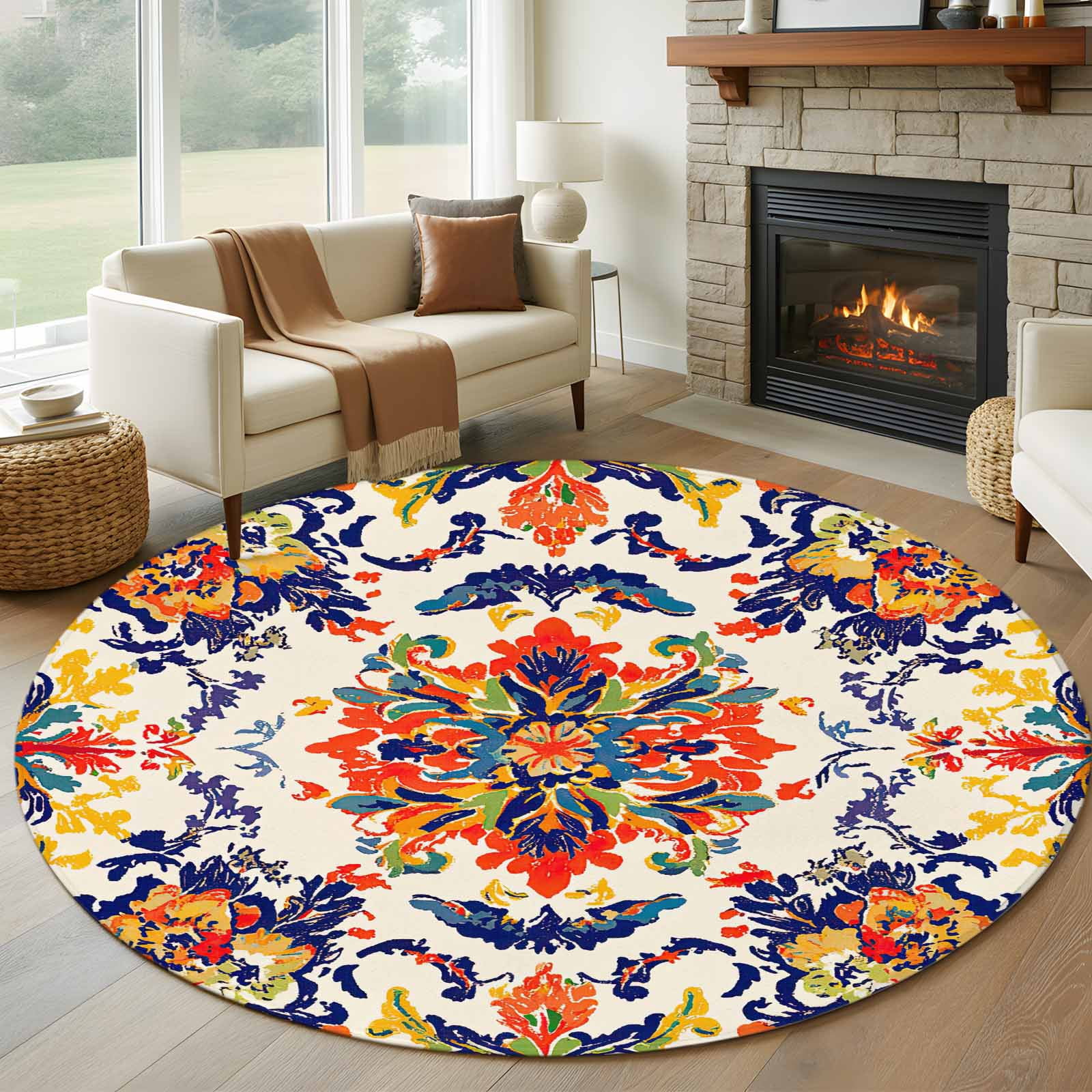 Boho Flowers Round Area Rug 5 FT, Non Slip Bedroom Rugs, Abstract ...
