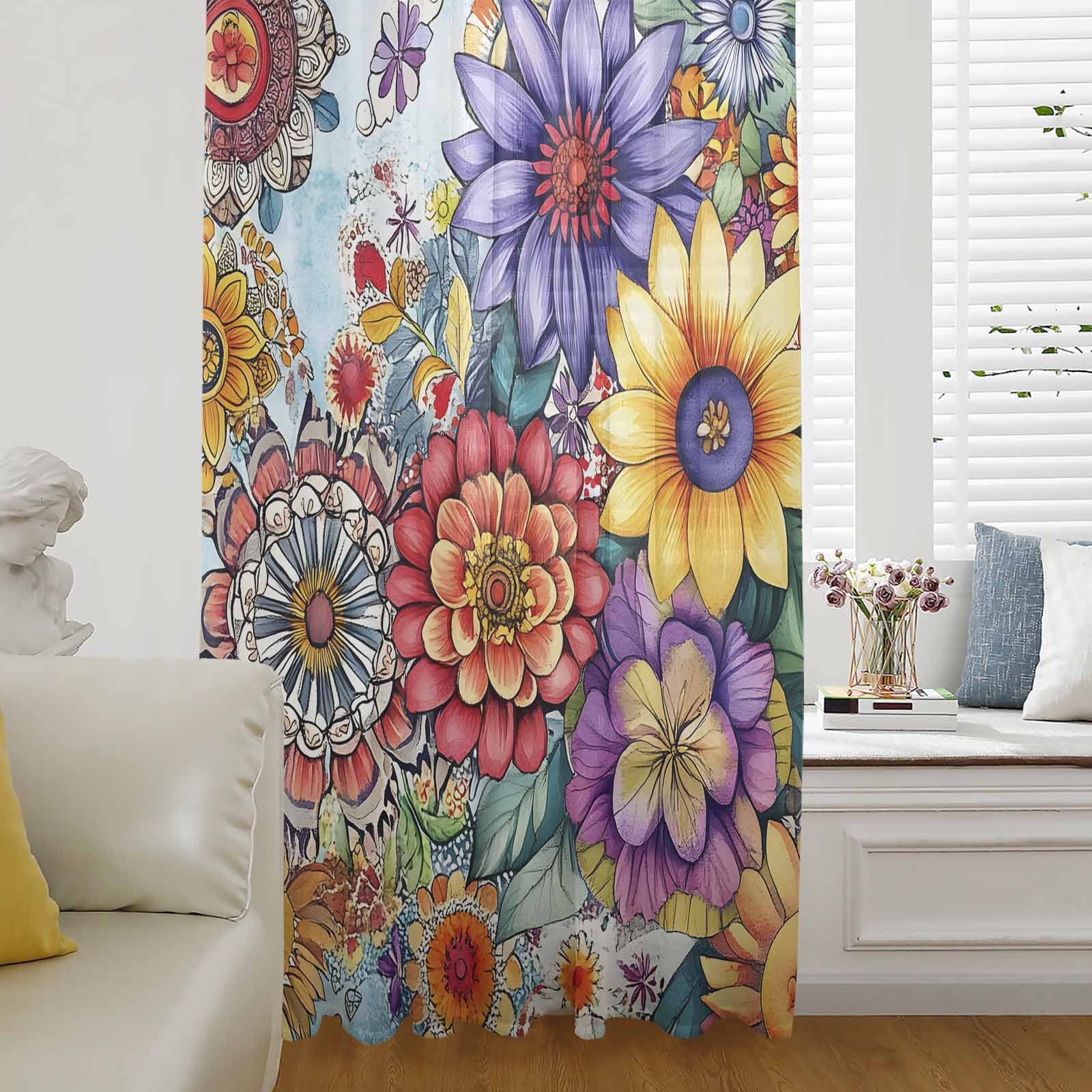 Boho Flowers Semi Sheer Curtains Drapes for Living Room, Bedroom ...