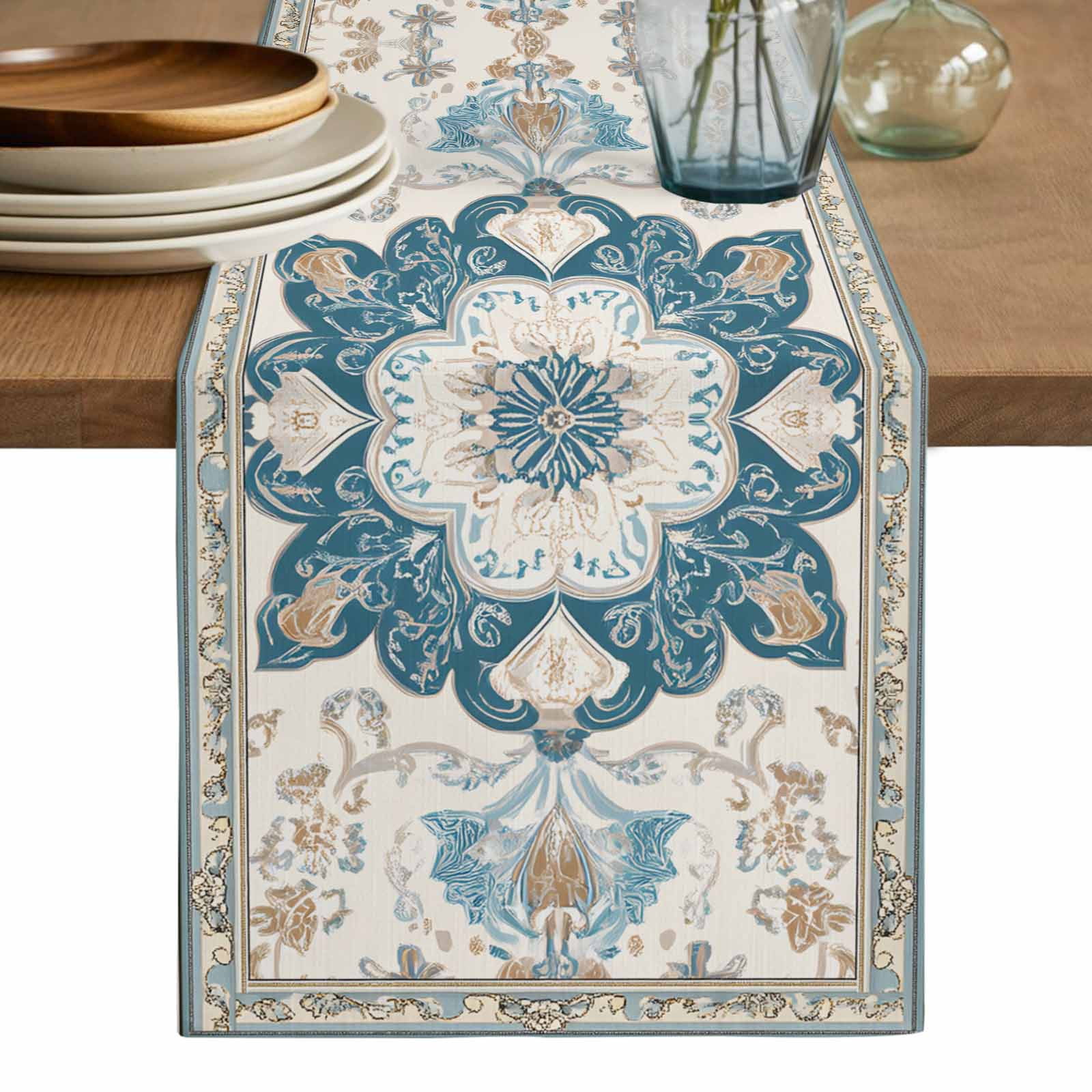 Boho Flowers Table Runner, Country Neutral Chic Abstract Floral Art ...