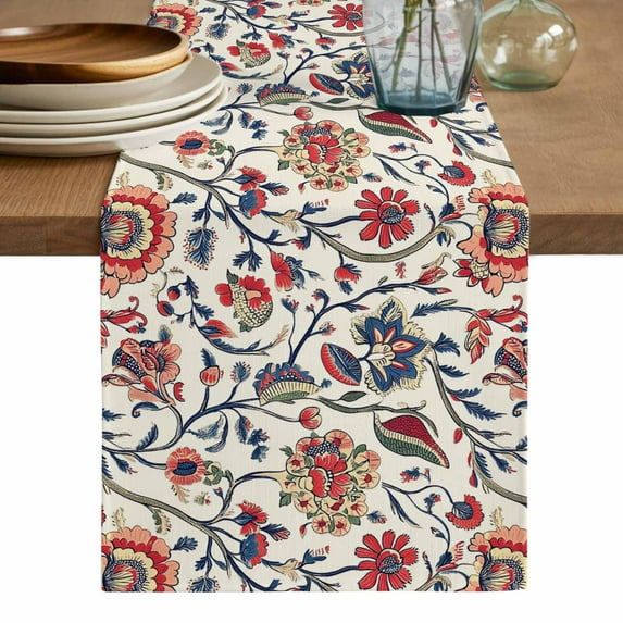 Boho Flowers Table Runner, Watercolor Red Orange Floral Branch Leaf ...