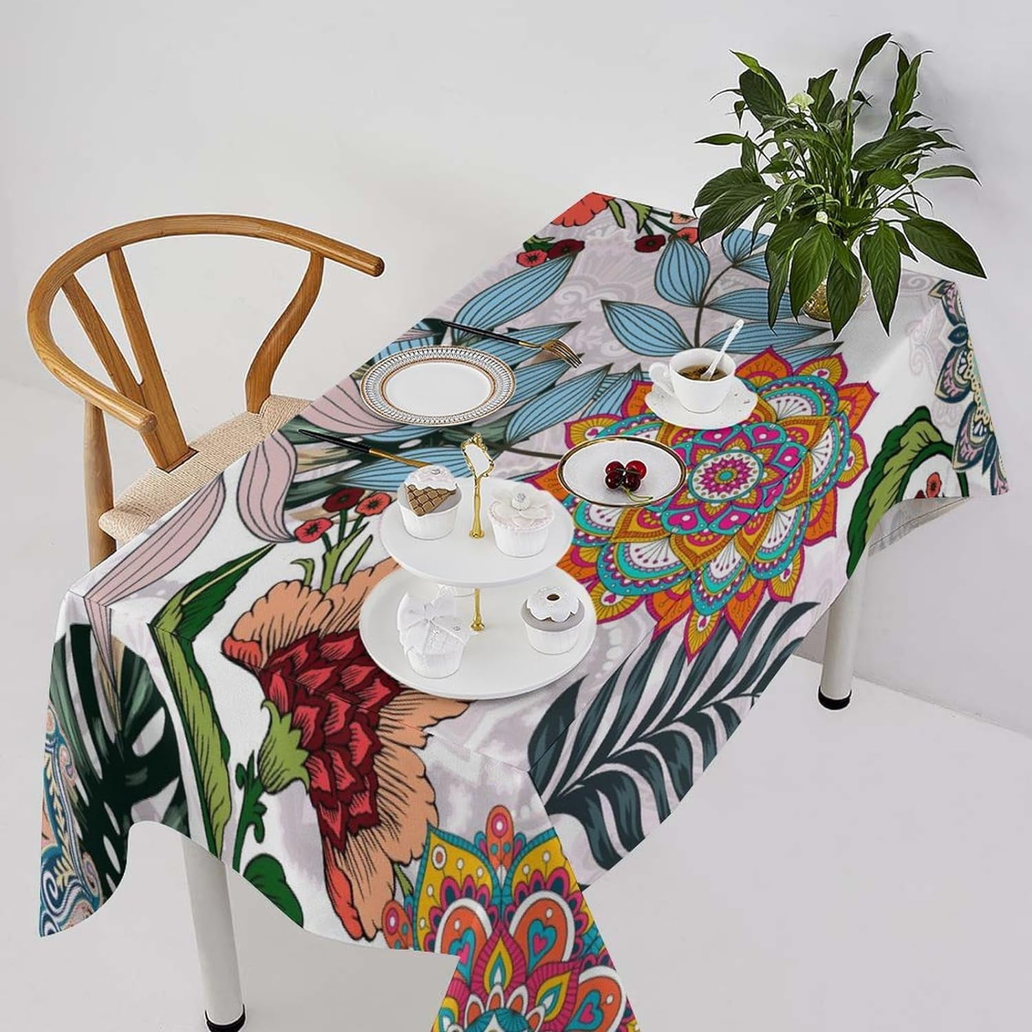 Boho Flowers Tablecloth, Rustic Bohemian Floral Mandala Palm Leaves ...