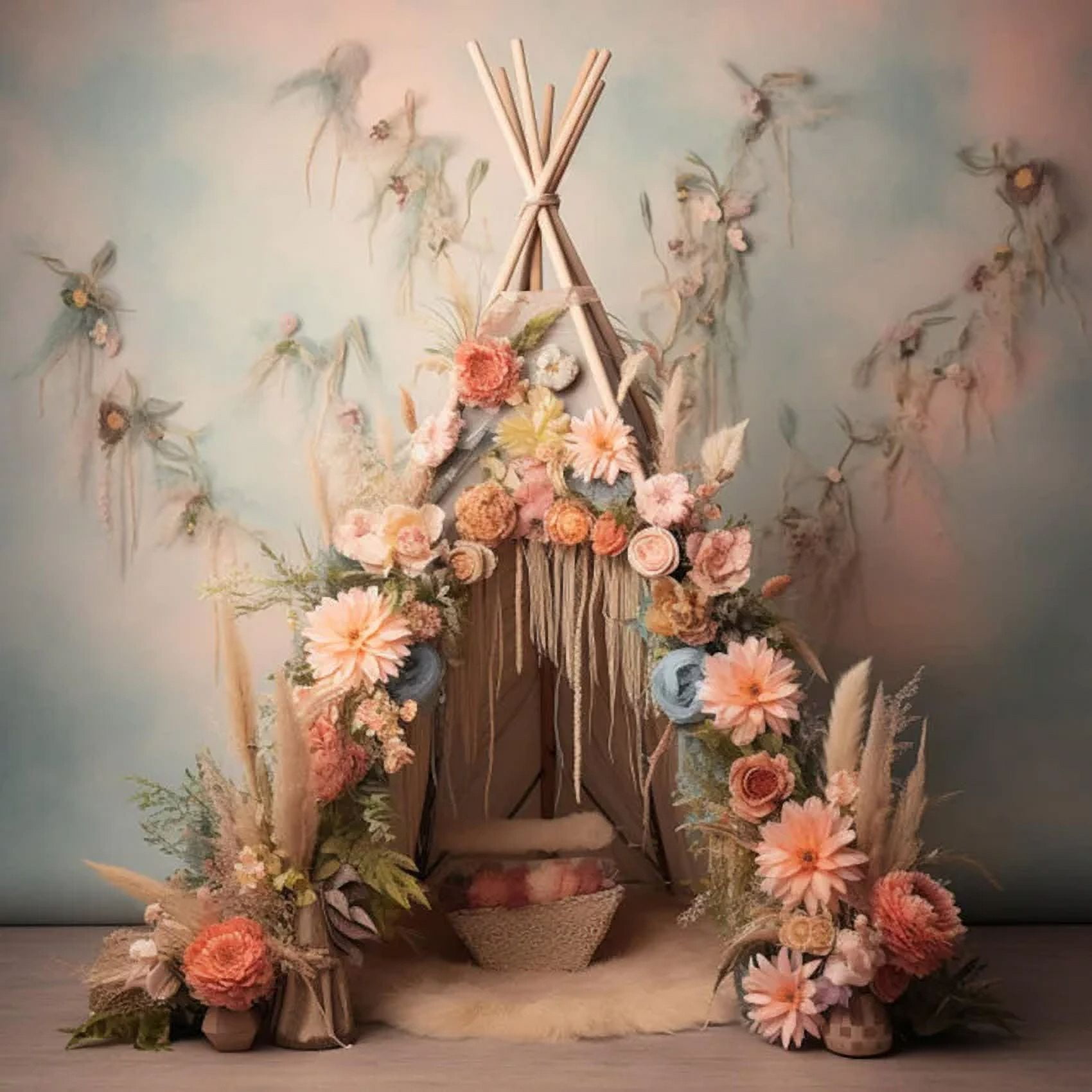 Boho Flowers Tent Camp Balloon Kid Birthday Party Cake Smash Portrait r Backdrop Photo Studi ...