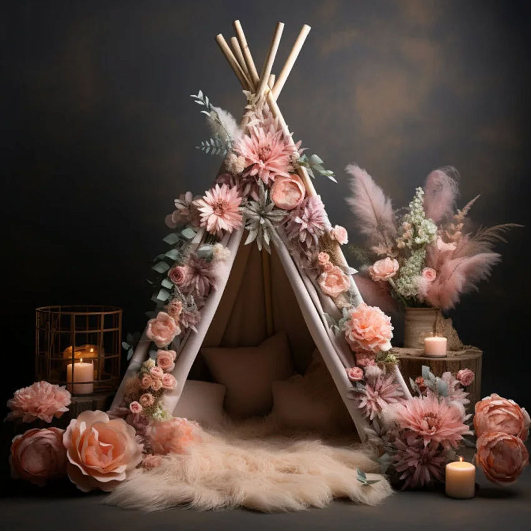 Boho Flowers Tent Camp Balloon Kid Birthday Party Cake Smash Portrait r Backdrop Photo Studi ...